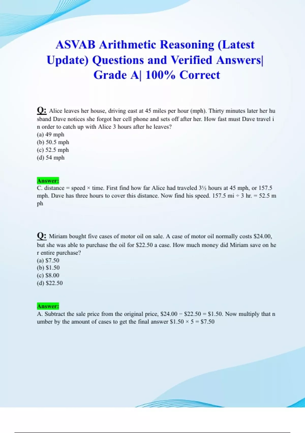 ASVAB Arithmetic Reasoning (Latest 2024/ 2025 Update) Questions and ...