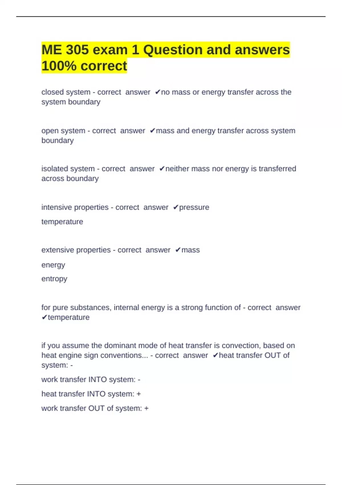 ME 305 exam 1 Question and answers 100% correct - MEMS 305 - Stuvia US