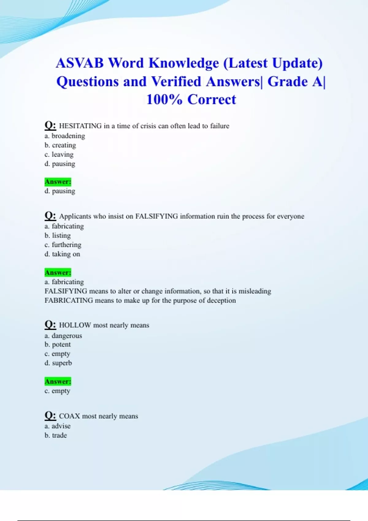 ASVAB Word Knowledge (Latest 2024/ 2025 Update) Questions and Verified ...