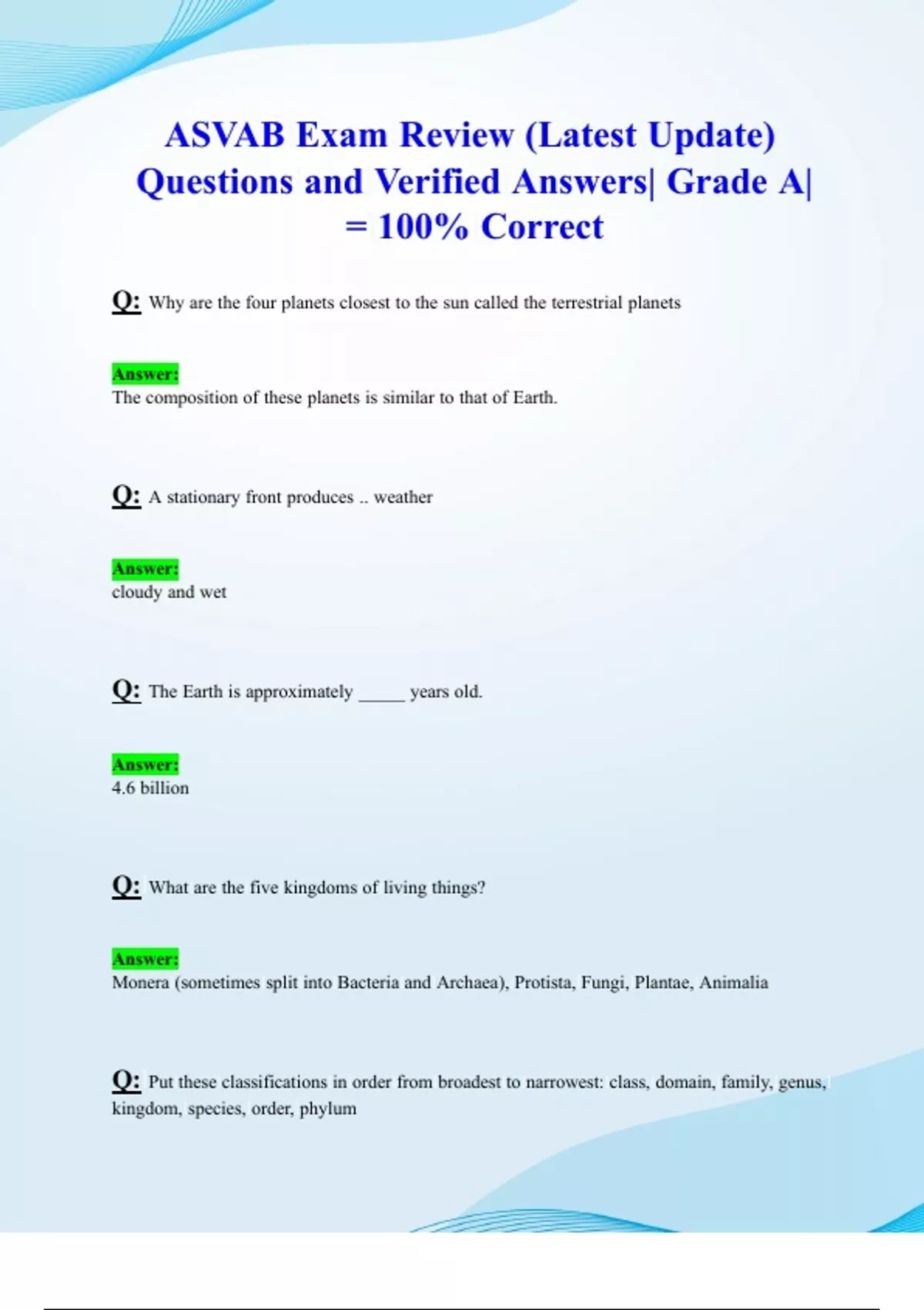 ASVAB Exam Review (Latest 2024/ 2025 Update) Questions and Verified ...