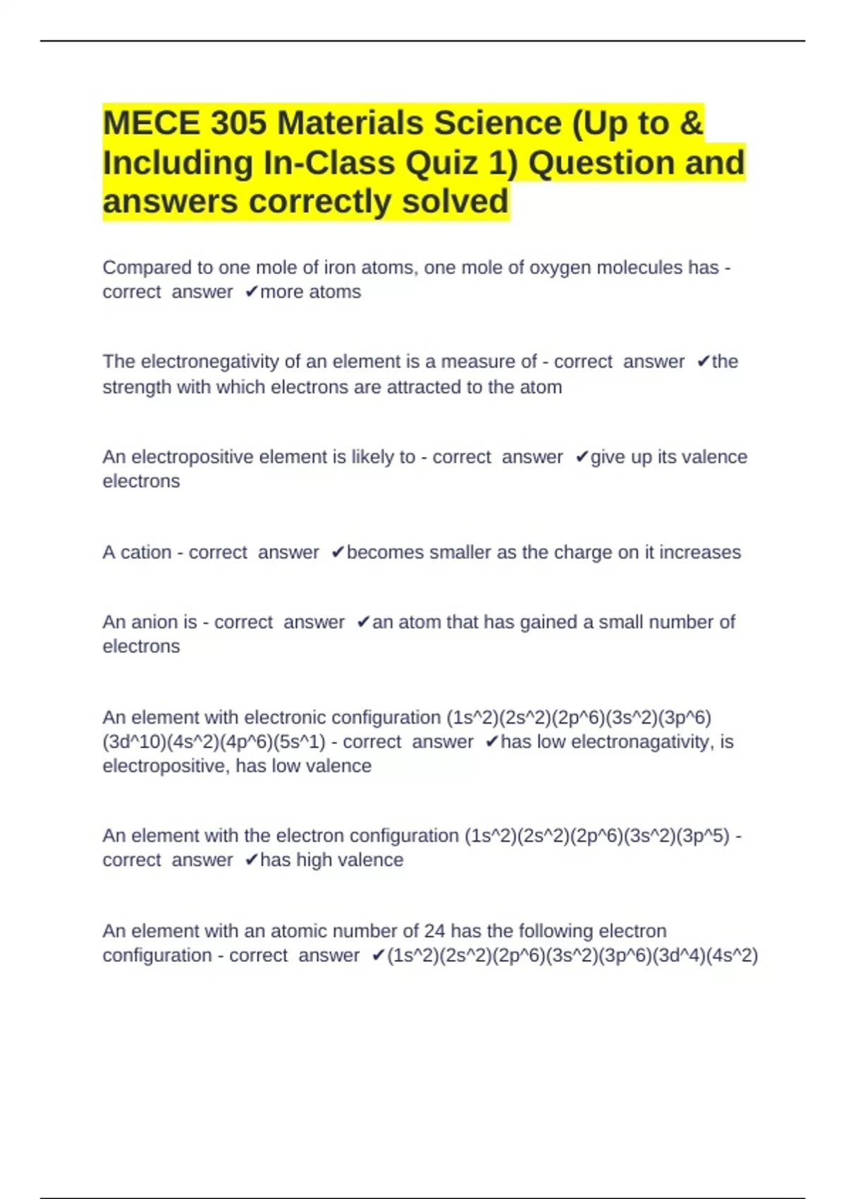 MECE 305 Materials Science (Up to & Including In-Class Quiz 1) Question ...