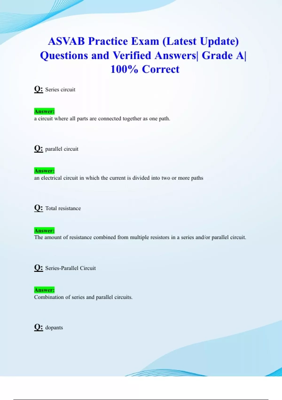 Asvab Practice Exam Latest 2024 2025 Update Questions And Verified Answers Grade A 100