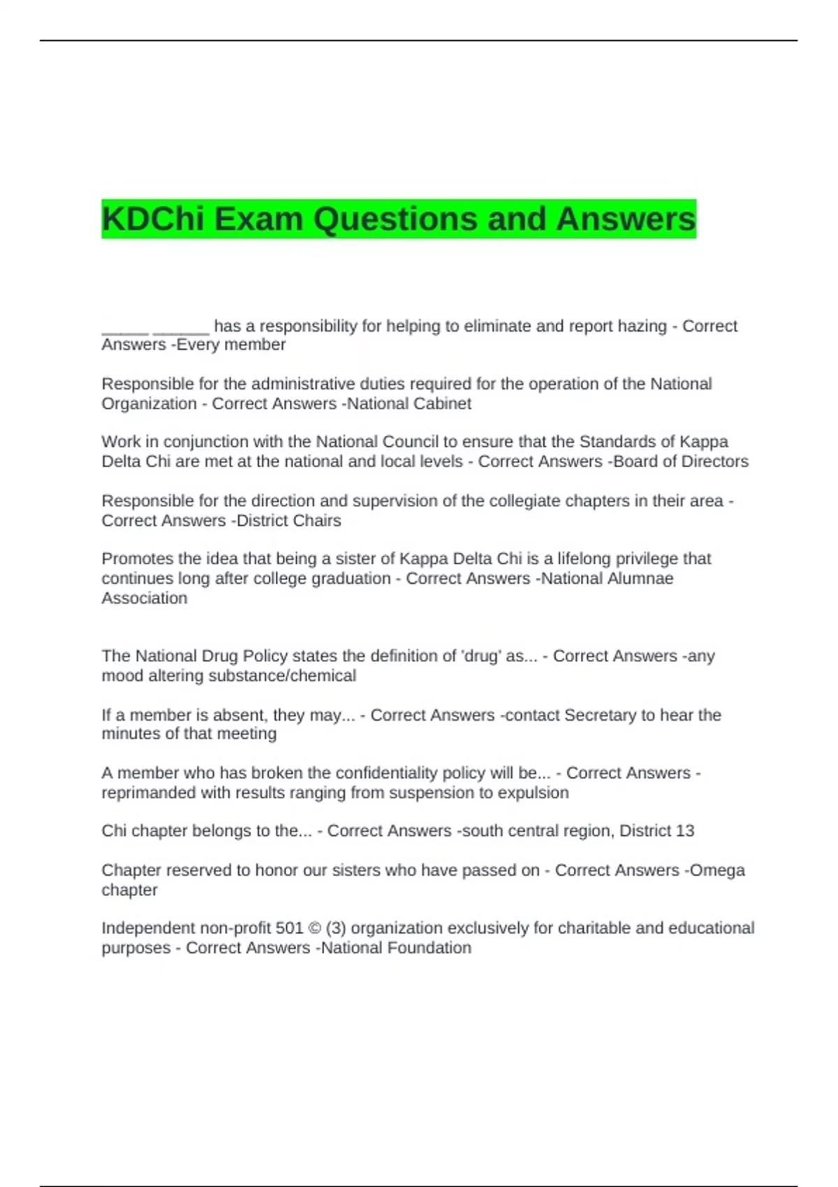 KDChi Exam Questions and Answers 2025 - KDCHI - Stuvia US