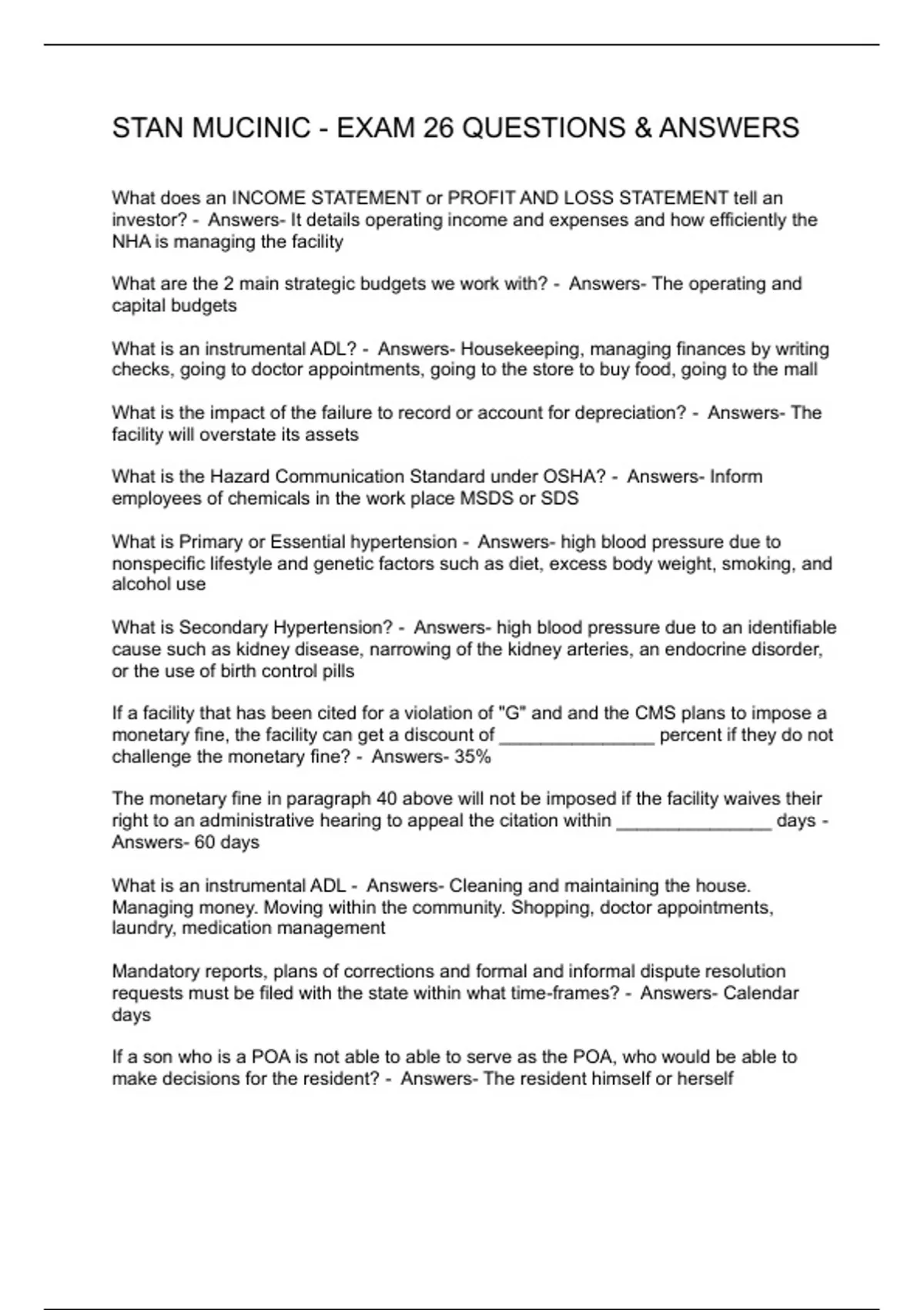 STAN MUCINIC - EXAM 26 QUESTIONS & ANSWERS - STAN MUCINIC - Stuvia US