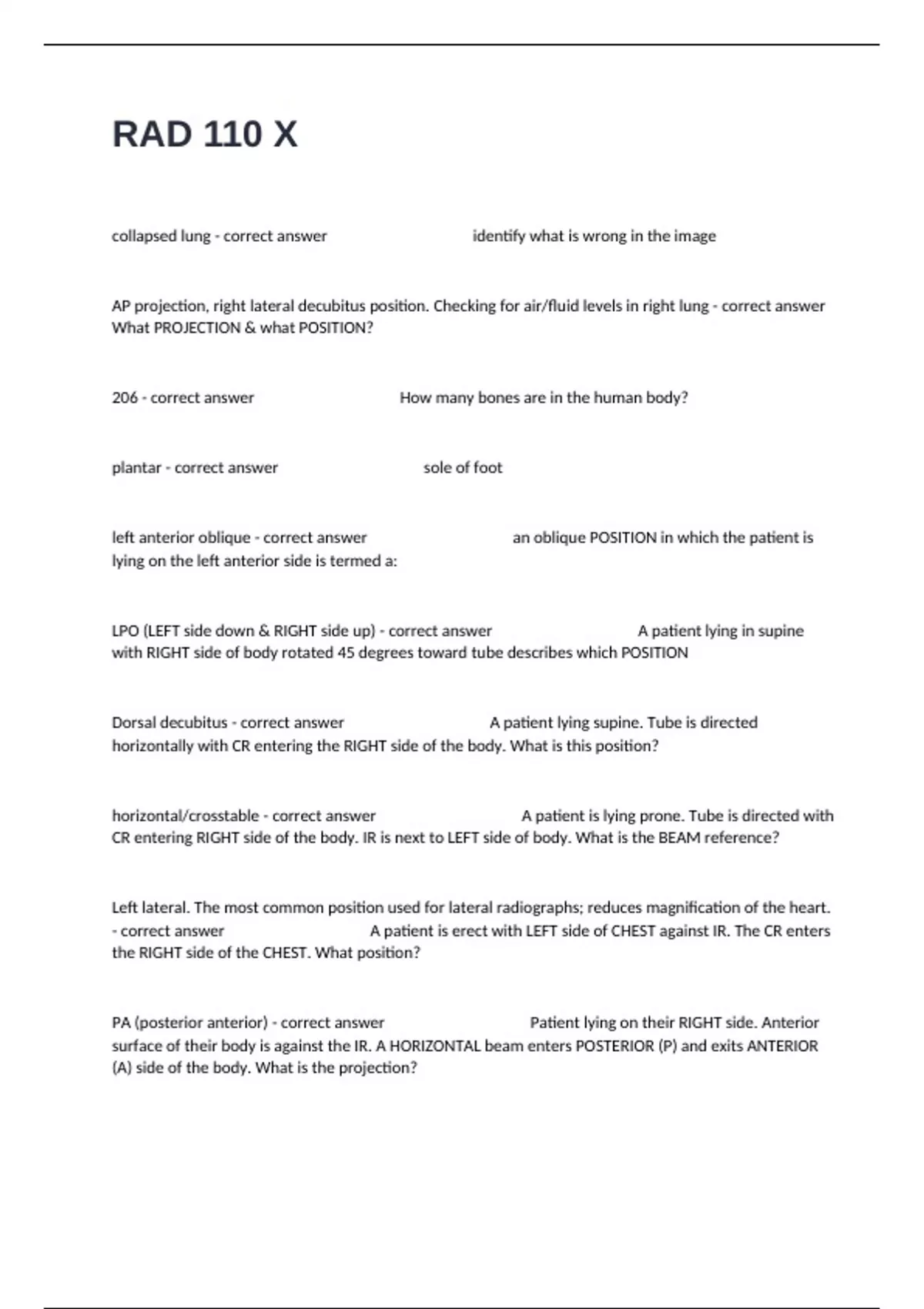RAD 110 X Prep Exam Accurate And Verified Questions With Answers ...