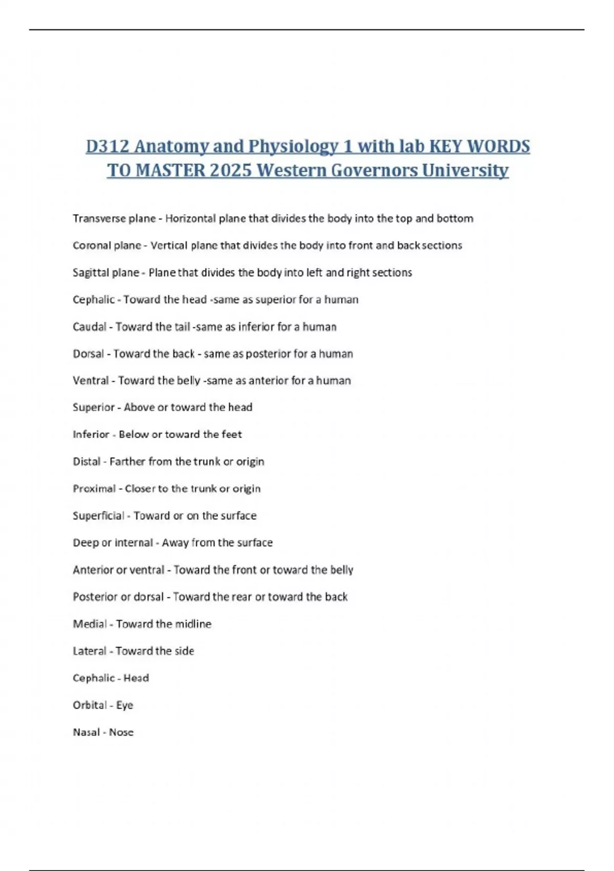 D312 Anatomy and Physiology 1 with lab KEY WORDS TO MASTER 2025 Western Governors University ...