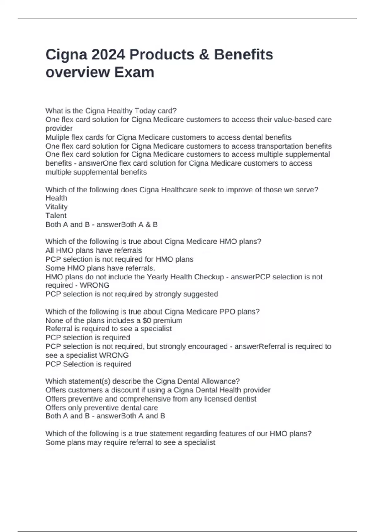 Cigna 2024 Products & Benefits overview Exam Questions and Answers ...
