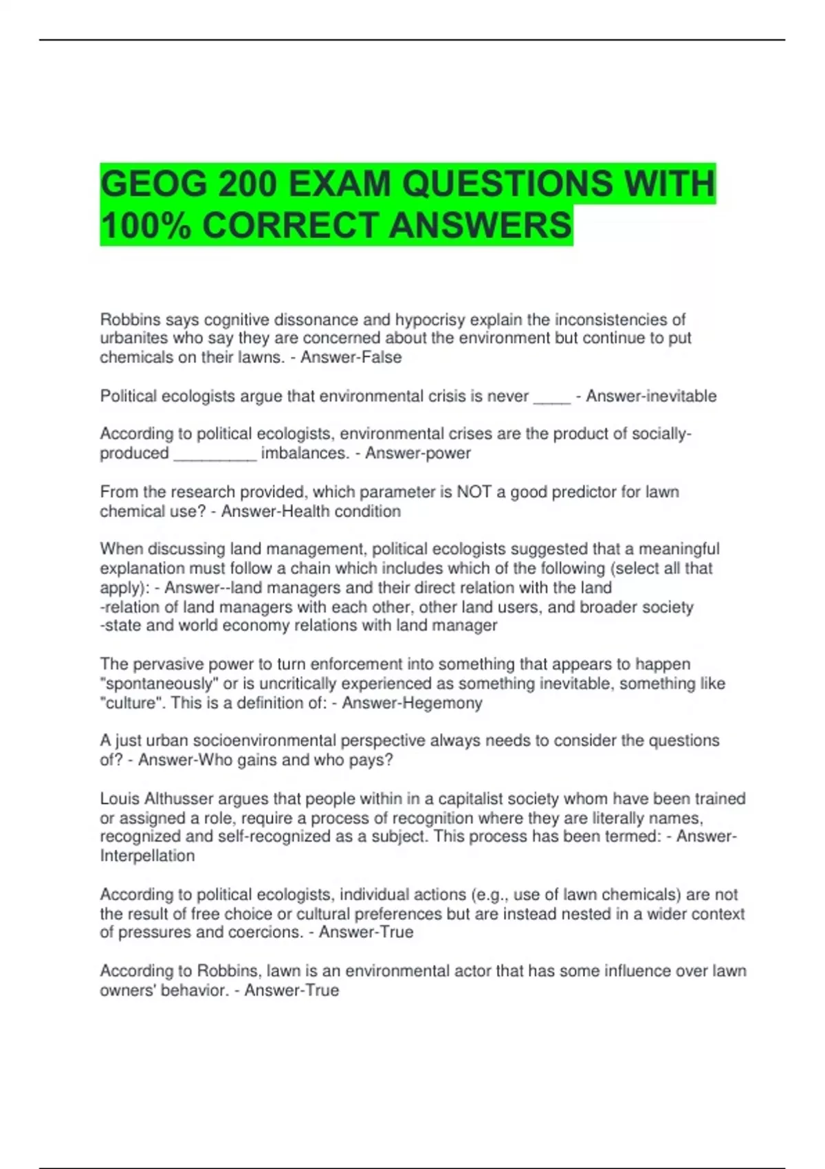 GEOG 200 EXAM QUESTIONS WITH 100% CORRECT ANSWERS - GEOG 200 - Stuvia US