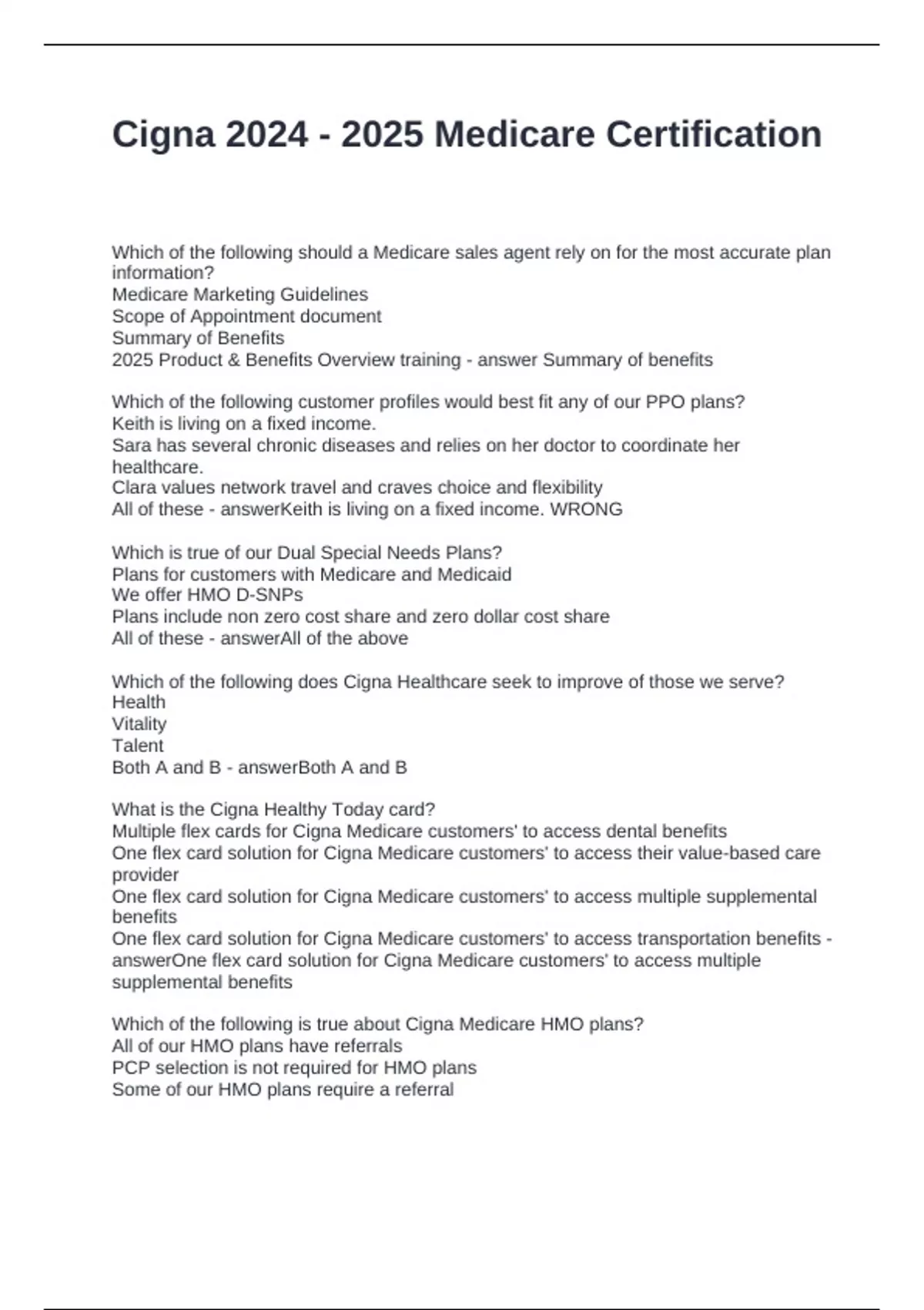 Cigna Medicare Certification Questions and Answers Correct - Cigna ...