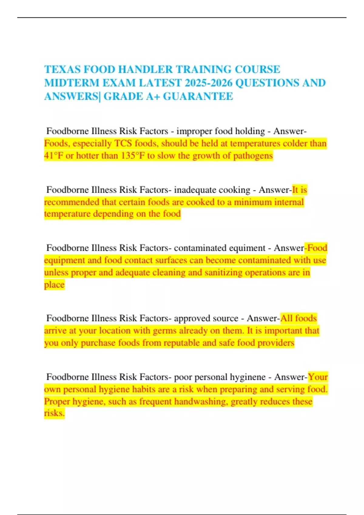 TEXAS FOOD HANDLER TRAINING COURSE MIDTERM EXAM LATEST QUESTIONS AND ...