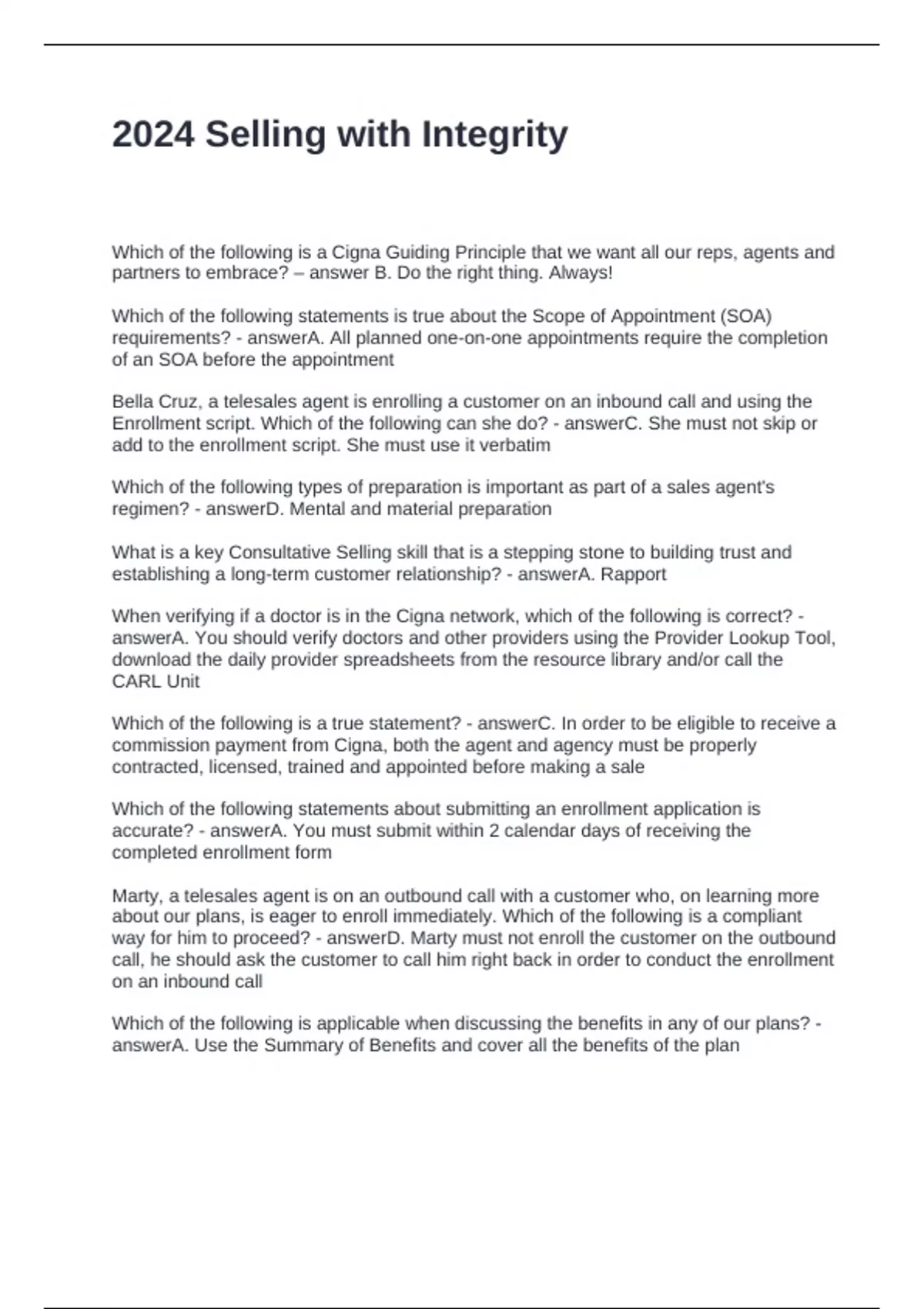 2024 Selling with Integrity Questions with Solutions - Cigna - Stuvia US