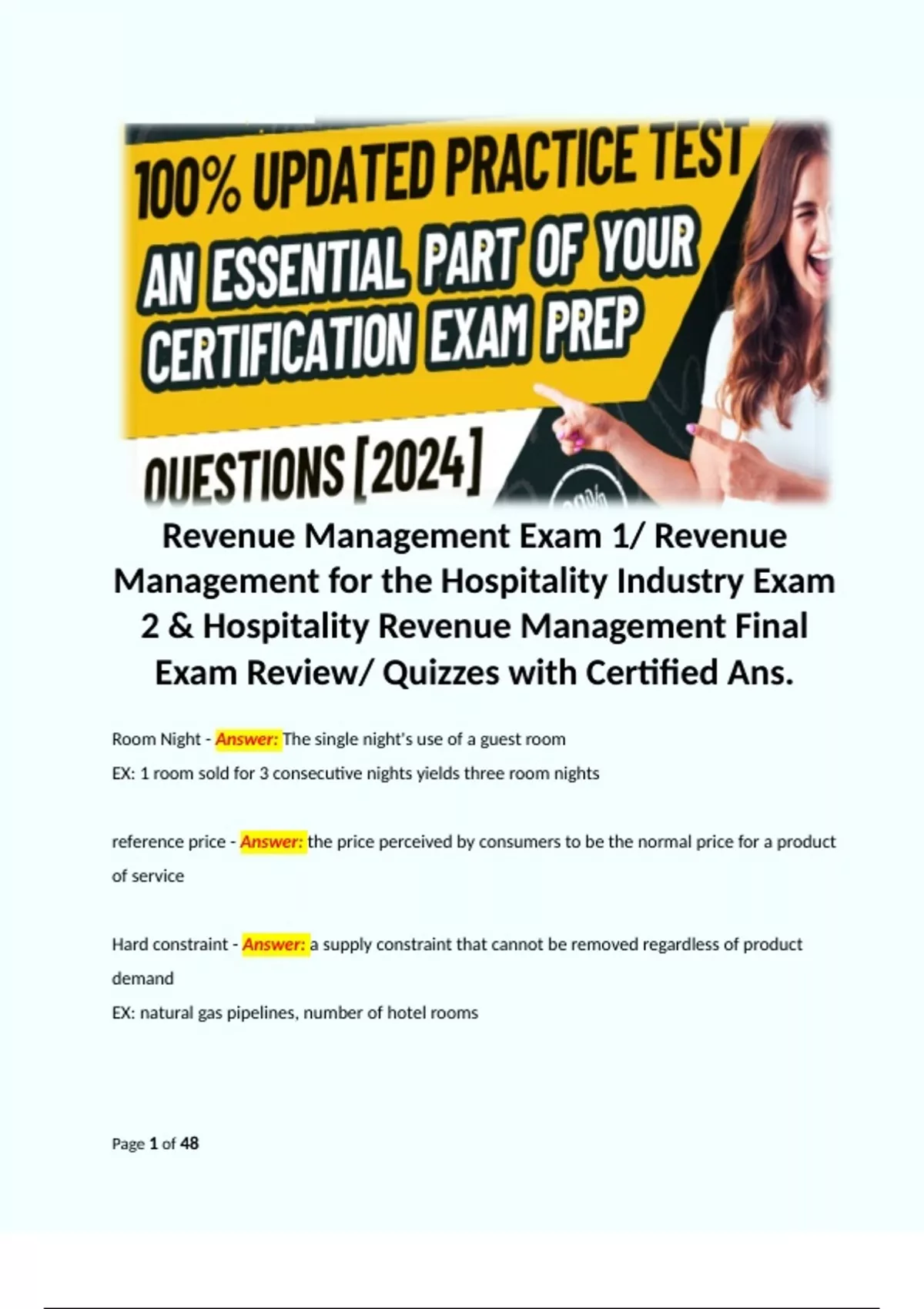 Revenue Management Exam 1/ Revenue Management for the Hospitality Industry Exam 2 & Hospitality ...
