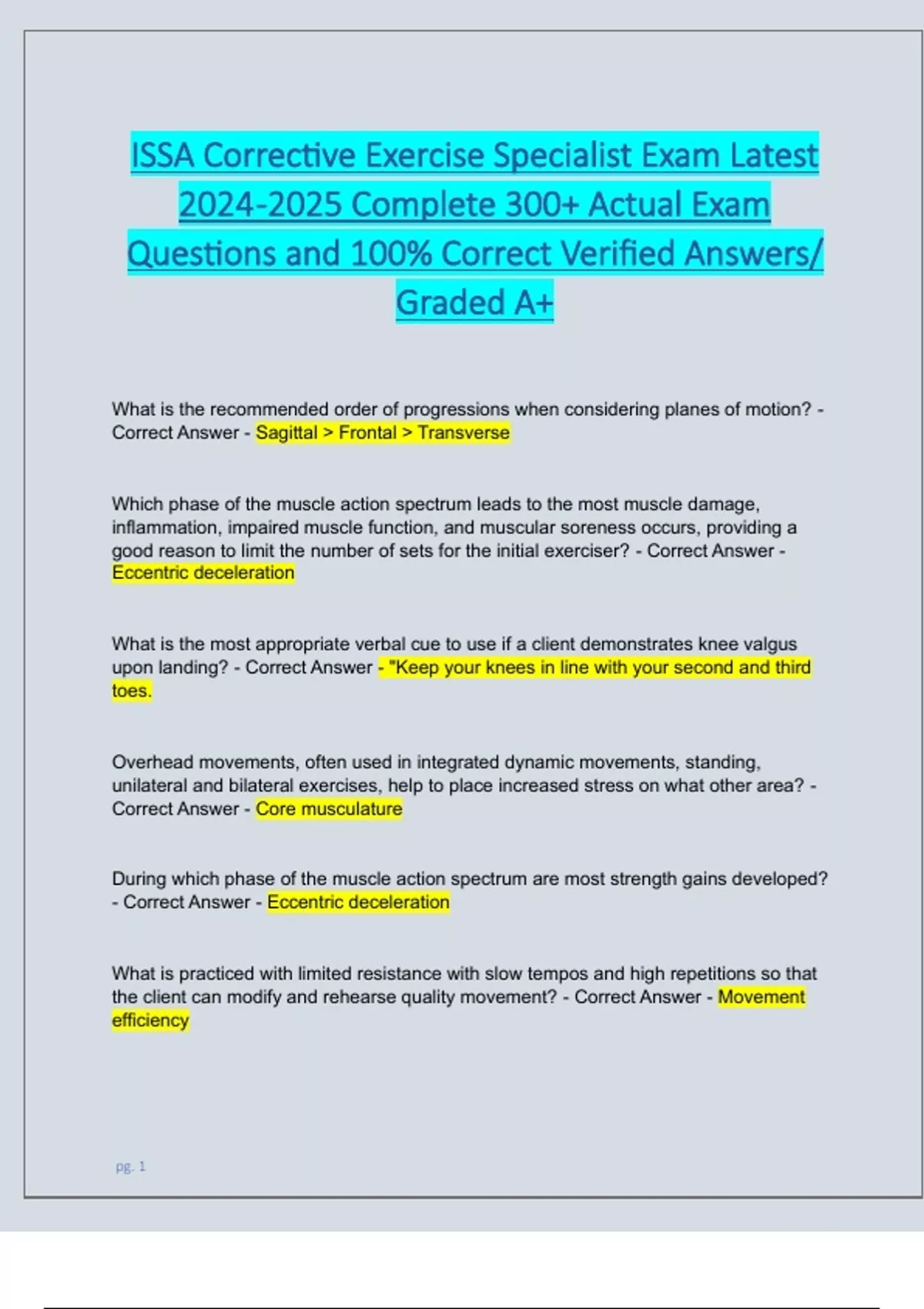 ISSA Corrective Exercise Specialist Exam Latest Complete 300+ Actual ...