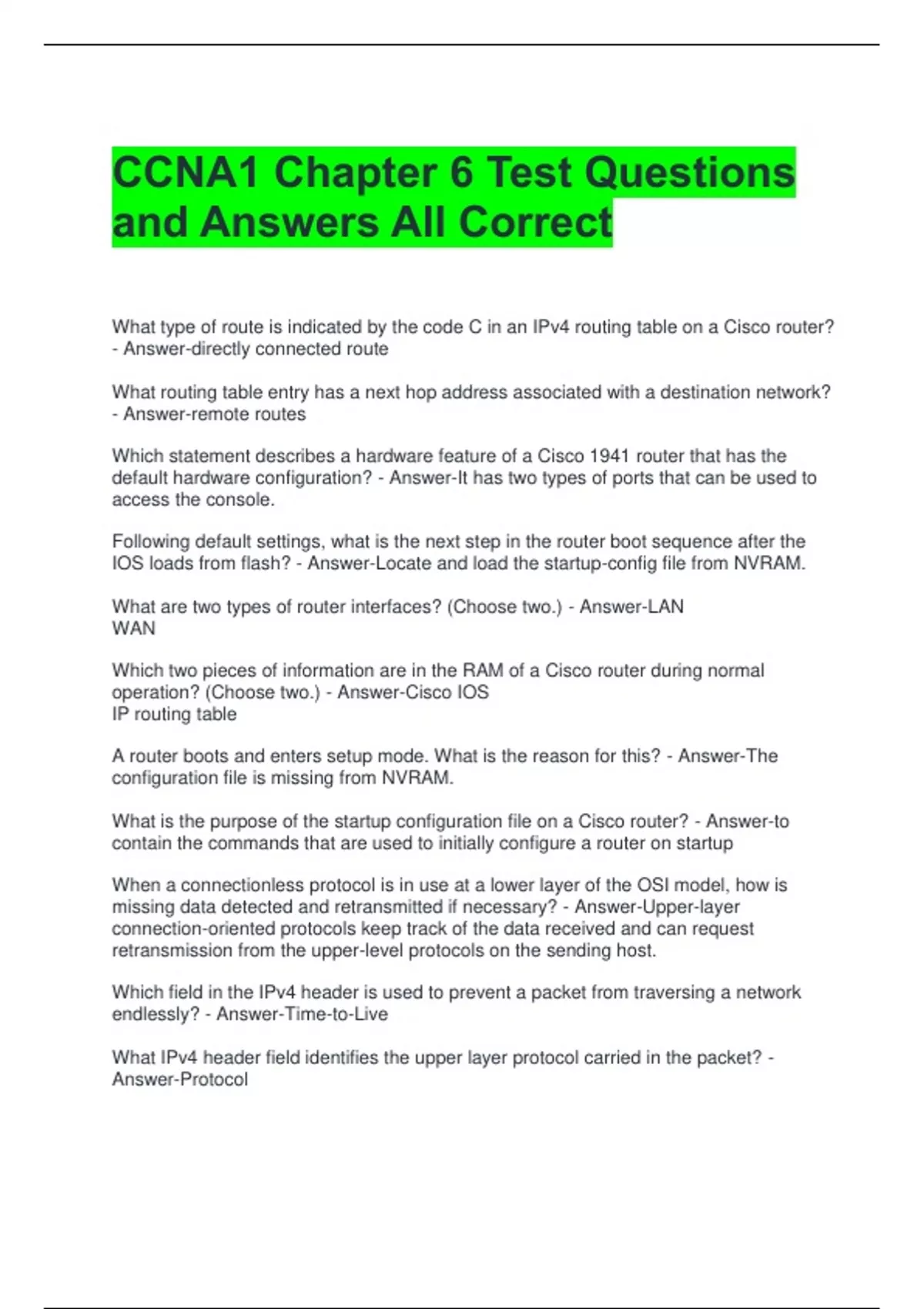 CCNA1 Chapter 6 Test Questions and Answers All Correct - CCNA1 - Stuvia US