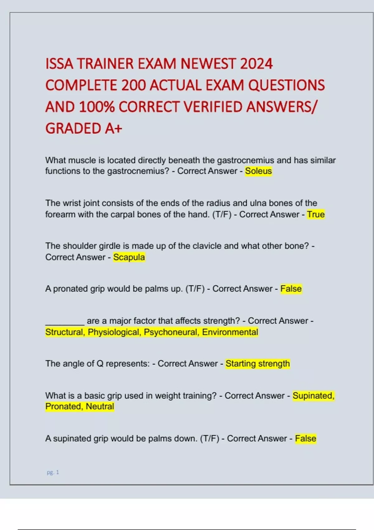 ISSA TRAINER EXAM NEWEST 2024 COMPLETE 200 ACTUAL EXAM QUESTIONS AND ...