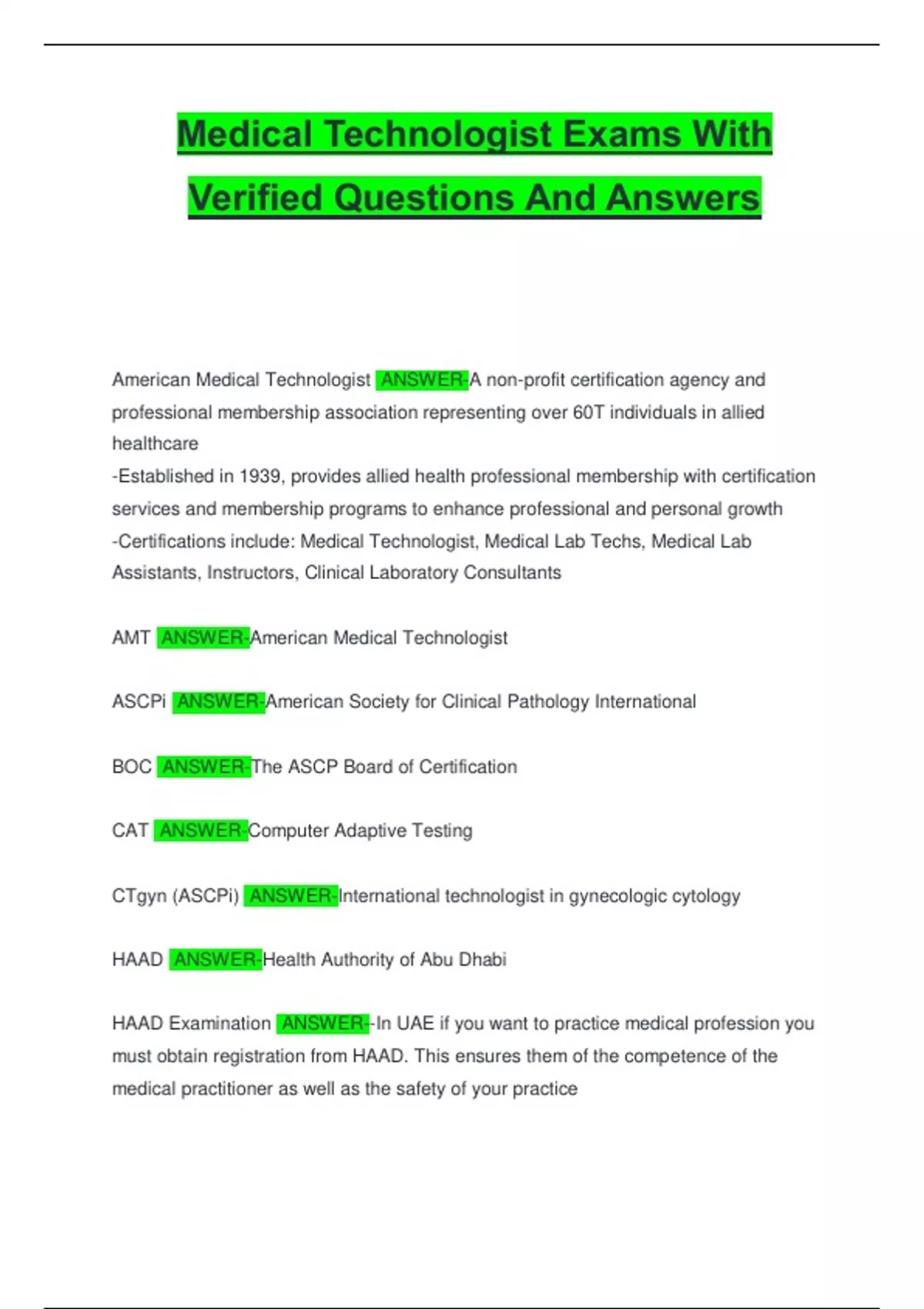 Key understandings of Medical Techs - BS Medical Technology - Stuvia US
