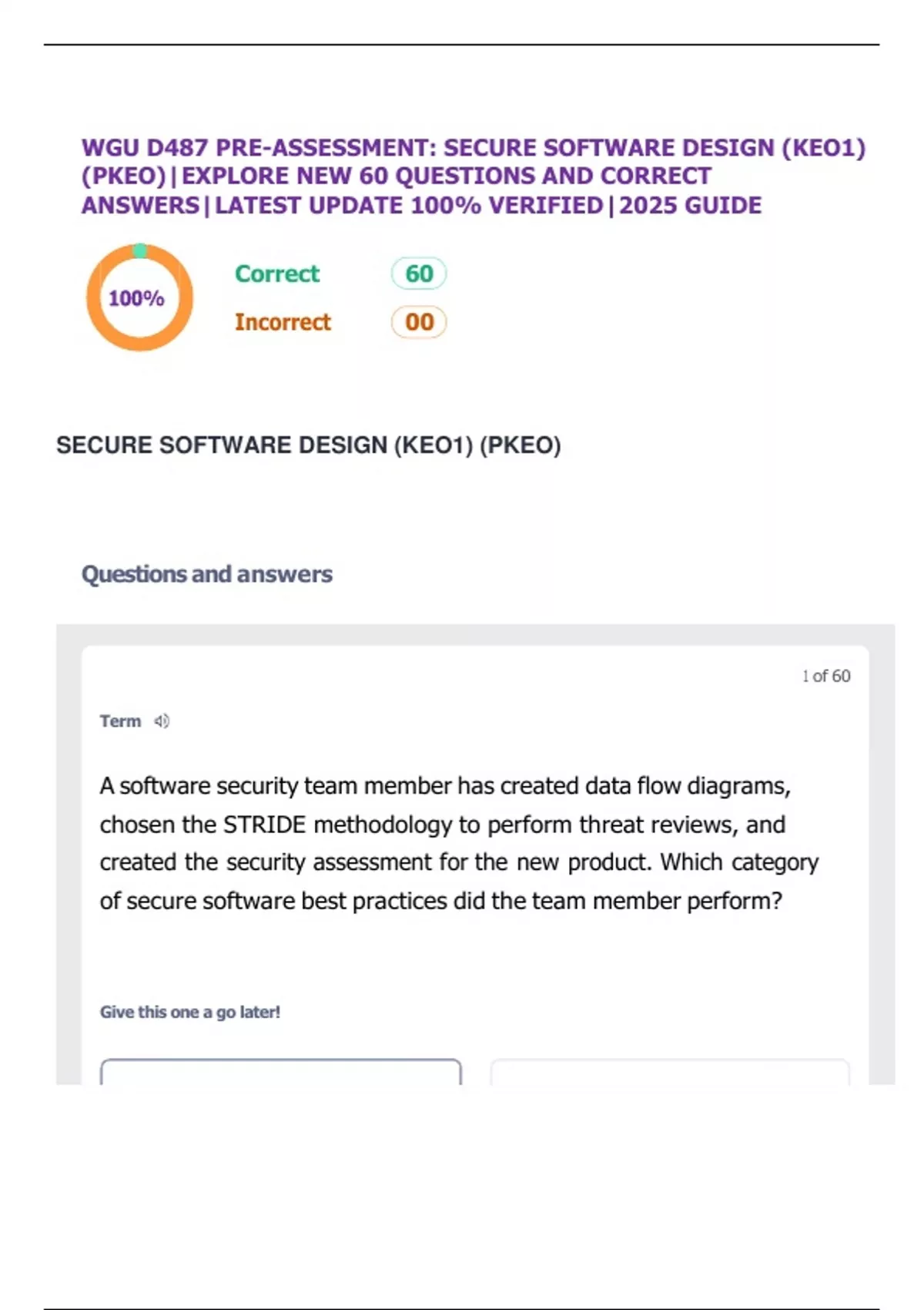 WGU D487 PRE-ASSESSMENT: SECURE SOFTWARE DESIGN (KEO1) (PKEO)|EXPLORE ...