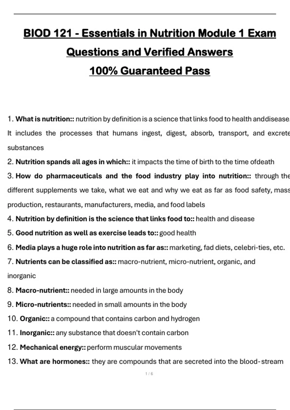 BIOD 121 - Essentials in Nutrition Module 1 Exam Questions and Verified ...