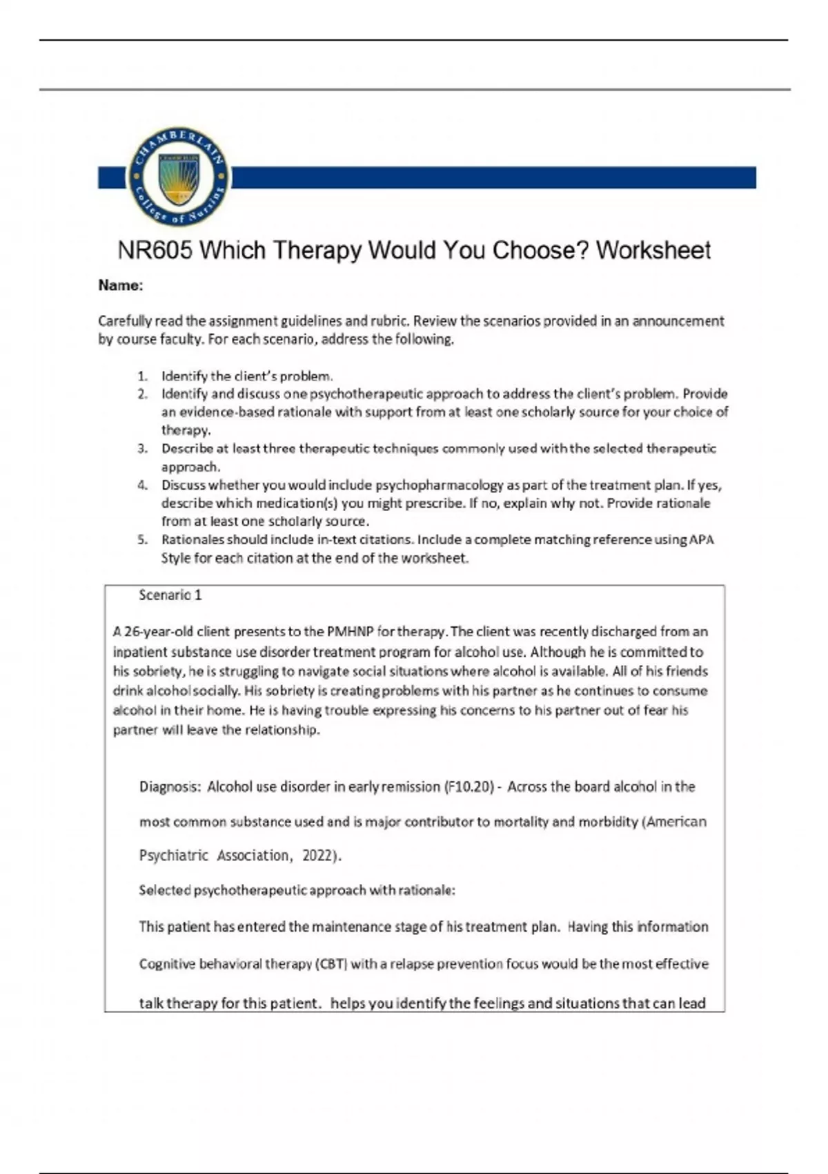 NR 605 Week 5:Which Therapy Would You Choose? Worksheet|Latest Update ...