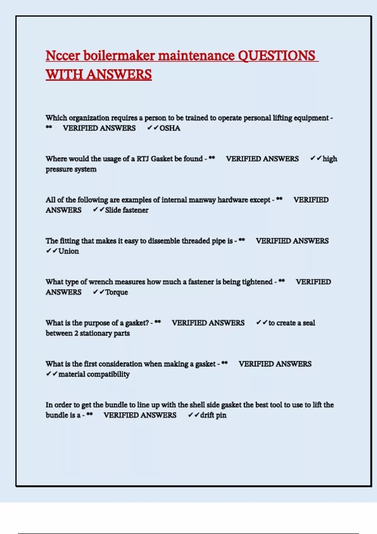 Nccer boilermaker maintenance QUESTIONS WITH ANSWERS - NCCER boilermaker - Stuvia US