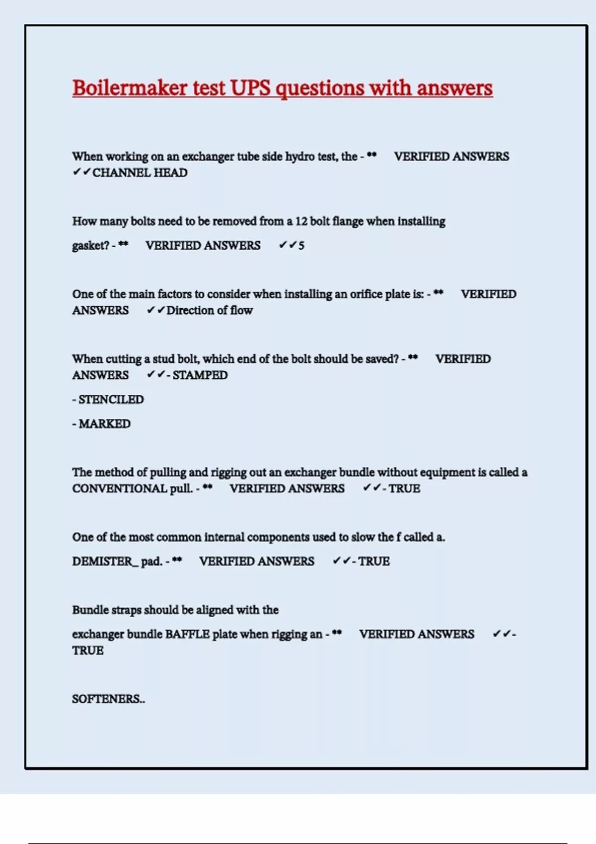 Boilermaker test UPS questions with answers - NCCER boilermaker - Stuvia US