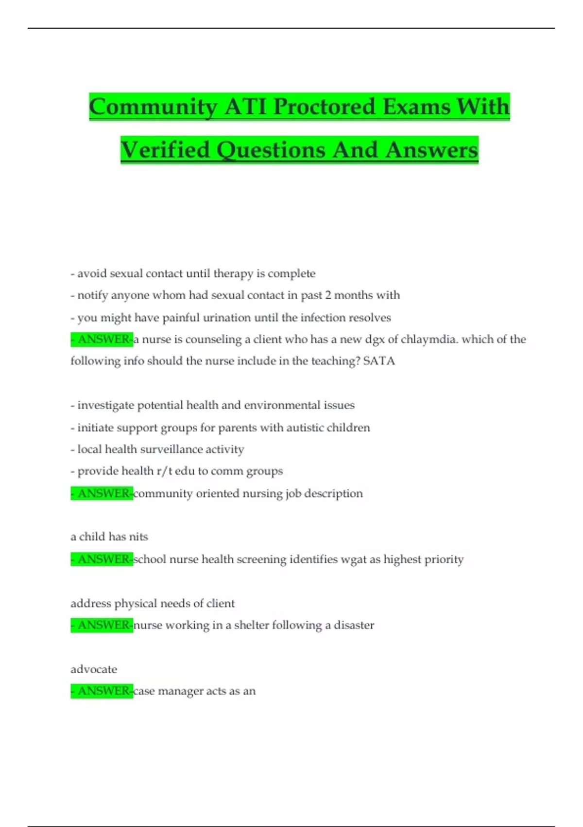 ATI Community Health Proctored Exam Study Guide and PRACTICE Questions ...