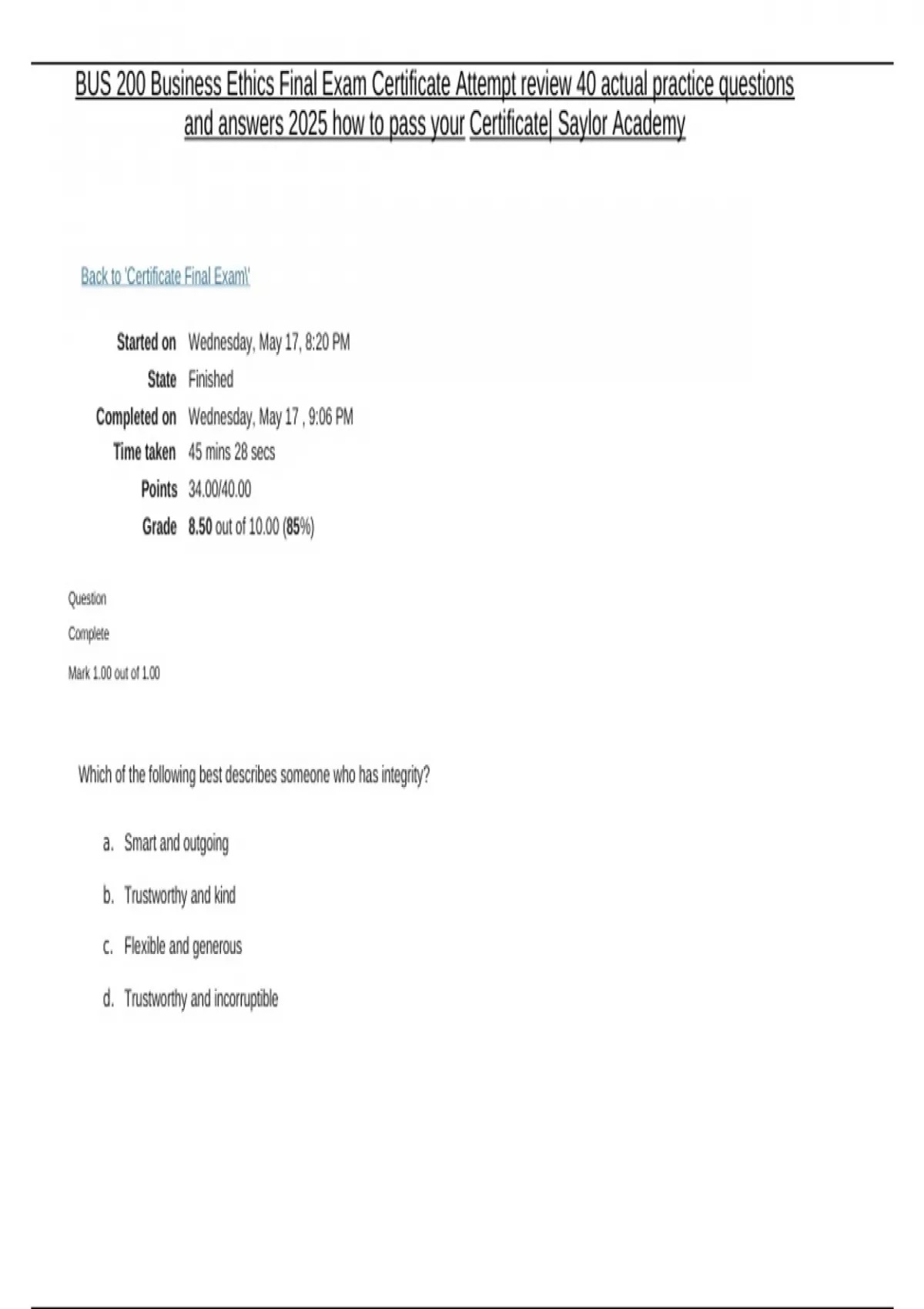 BUS 200 Business Ethics Final Exam Certificate Attempt review 40 actual ...