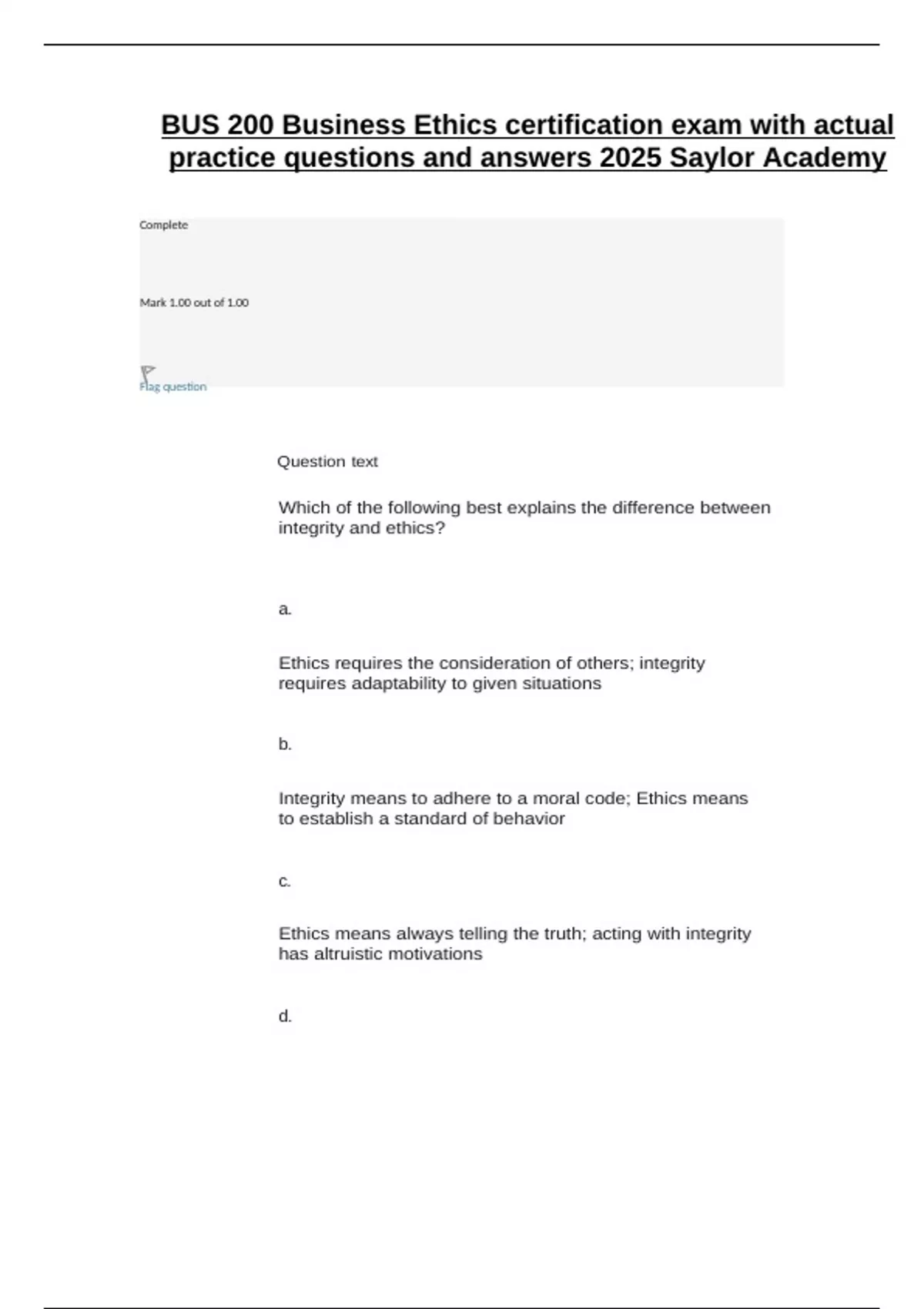 BUS 200 Business Ethics certification exam with actual practice ...