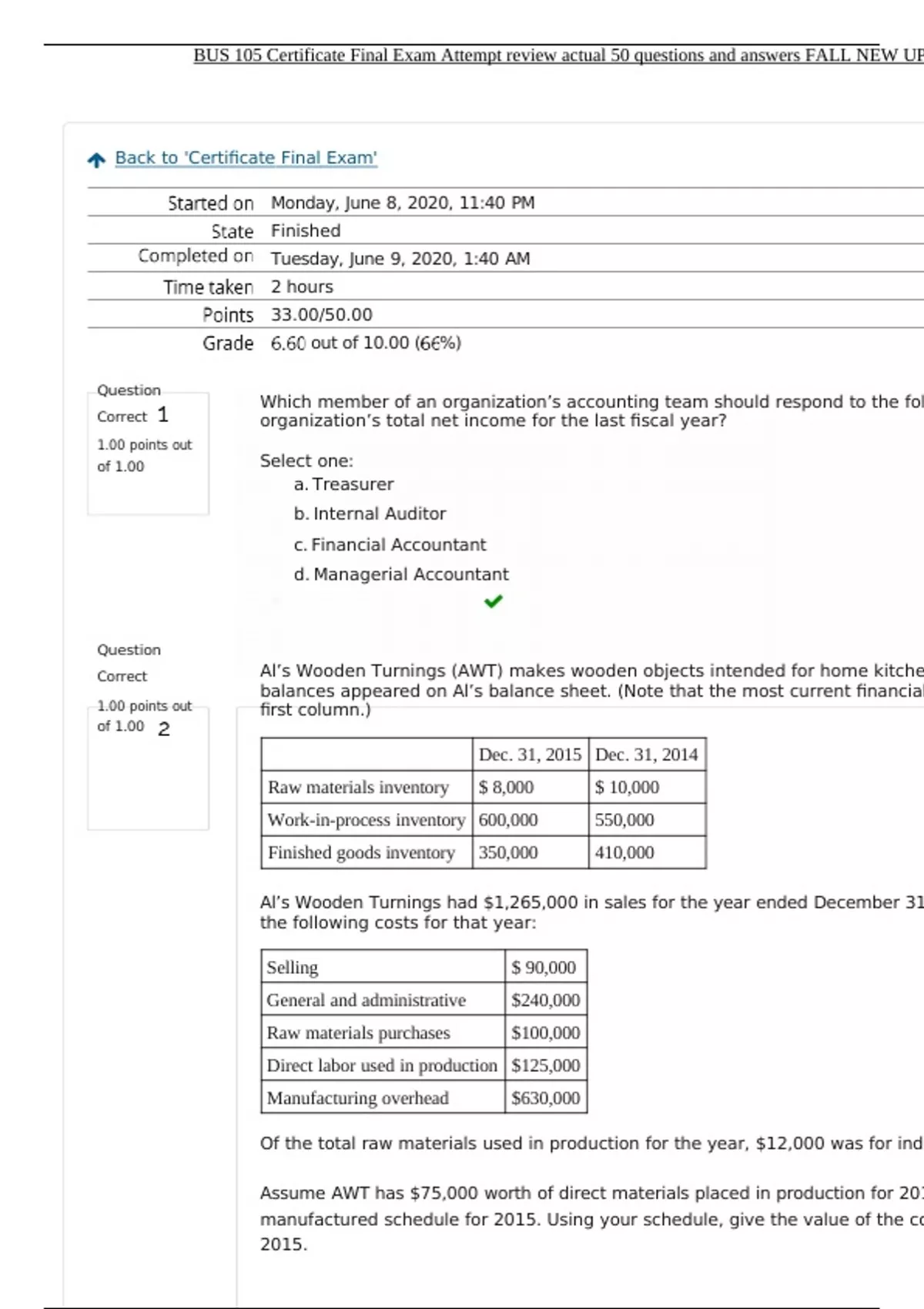 BUS 105 Certificate Final Exam Attempt review actual 50 questions and answers FALL NEW UPDATE ...