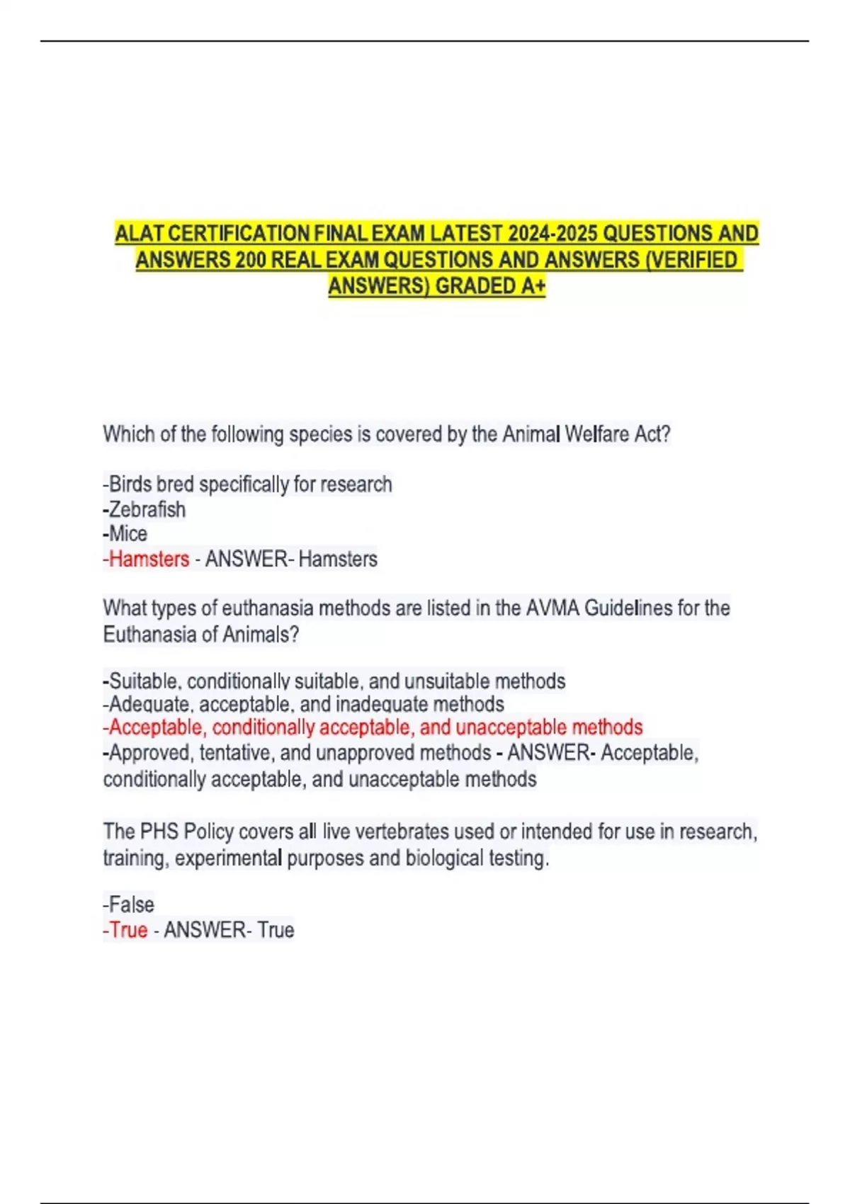 ALAT CERTIFICATION FINAL EXAM LATEST QUESTIONS AND ANSWERS 200 REAL ...