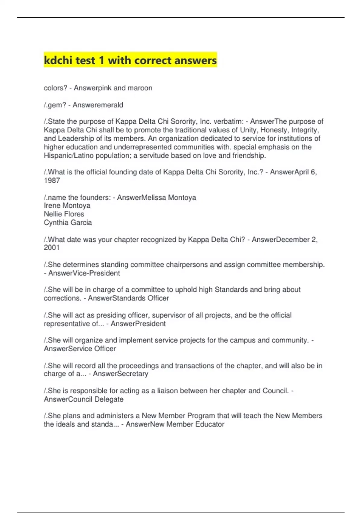 kdchi test 1 with correct answers - Kdchi - Stuvia US