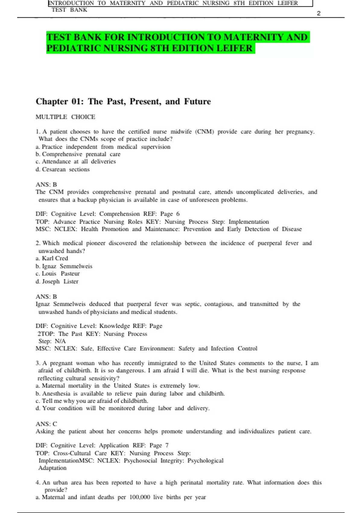 TEST BANK FOR INTRODUCTION TO MATERNITY AND PEDIATRIC NURSING 8TH ...