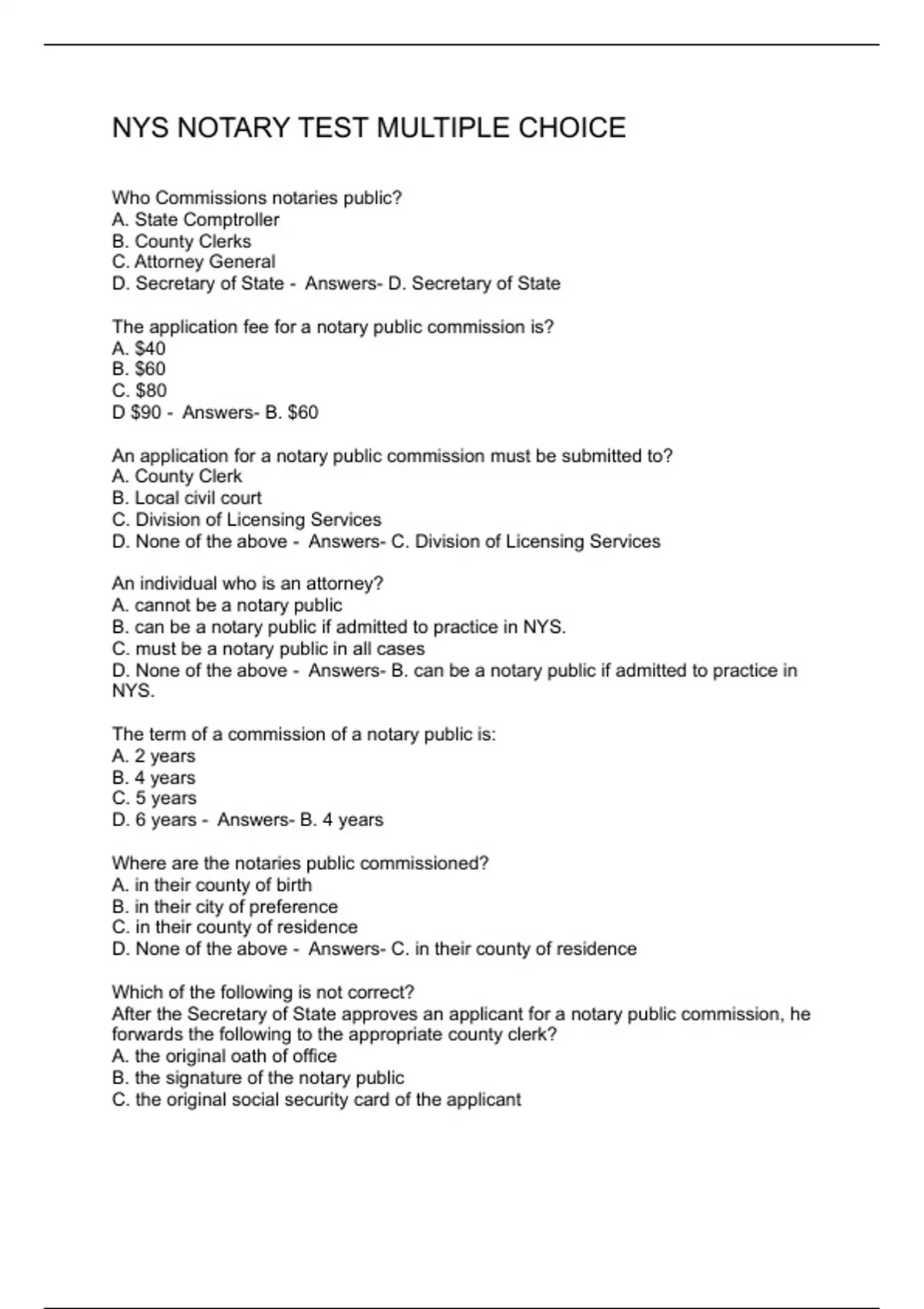 NYS NOTARY TEST MULTIPLE CHOICE - NYS NOTARY - Stuvia US