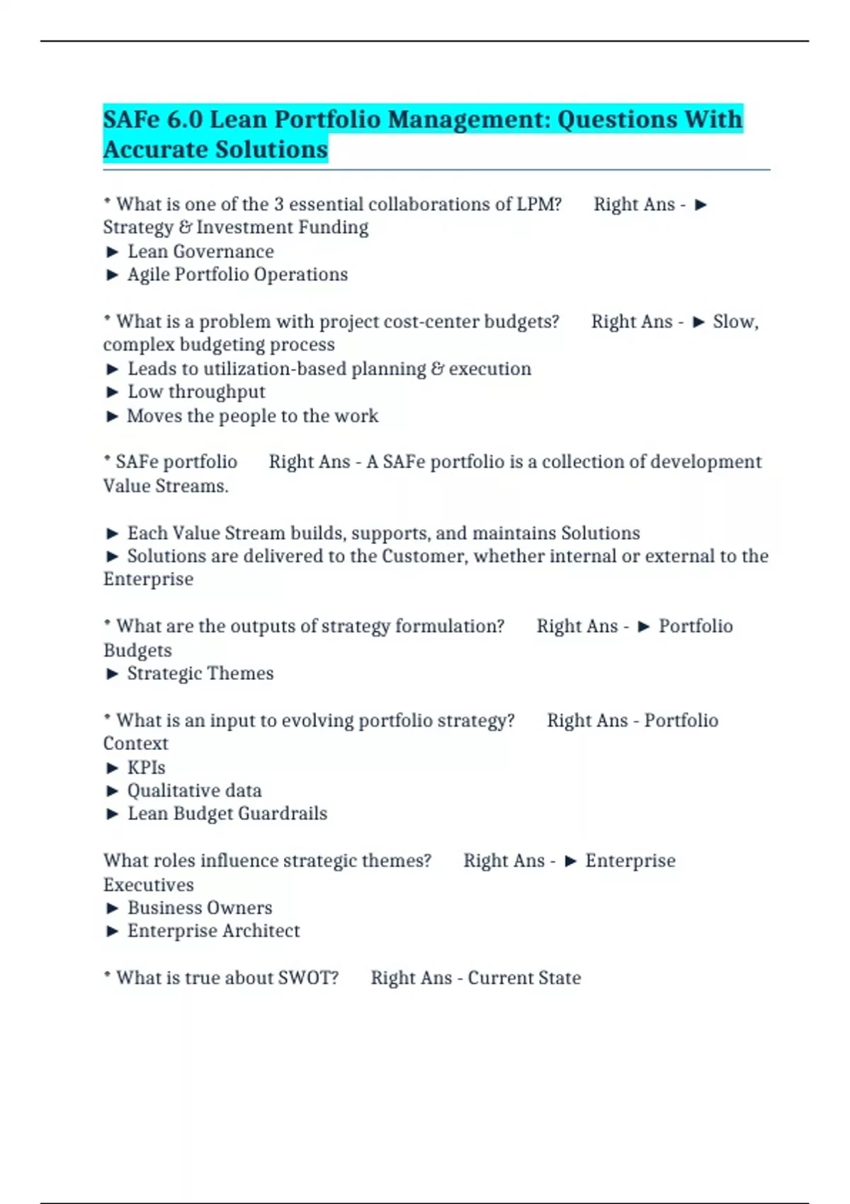 SAFe 6.0 Lean Portfolio Management: Questions With Accurate Solutions ...