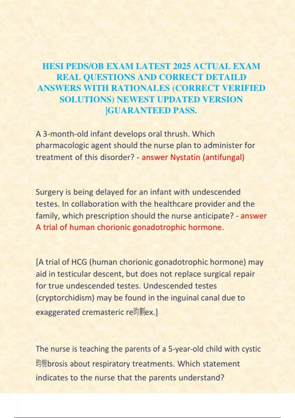 HESI PEDS/OB EXAM LATEST 2025 ACTUAL EXAM REAL QUESTIONS AND CORRECT ...