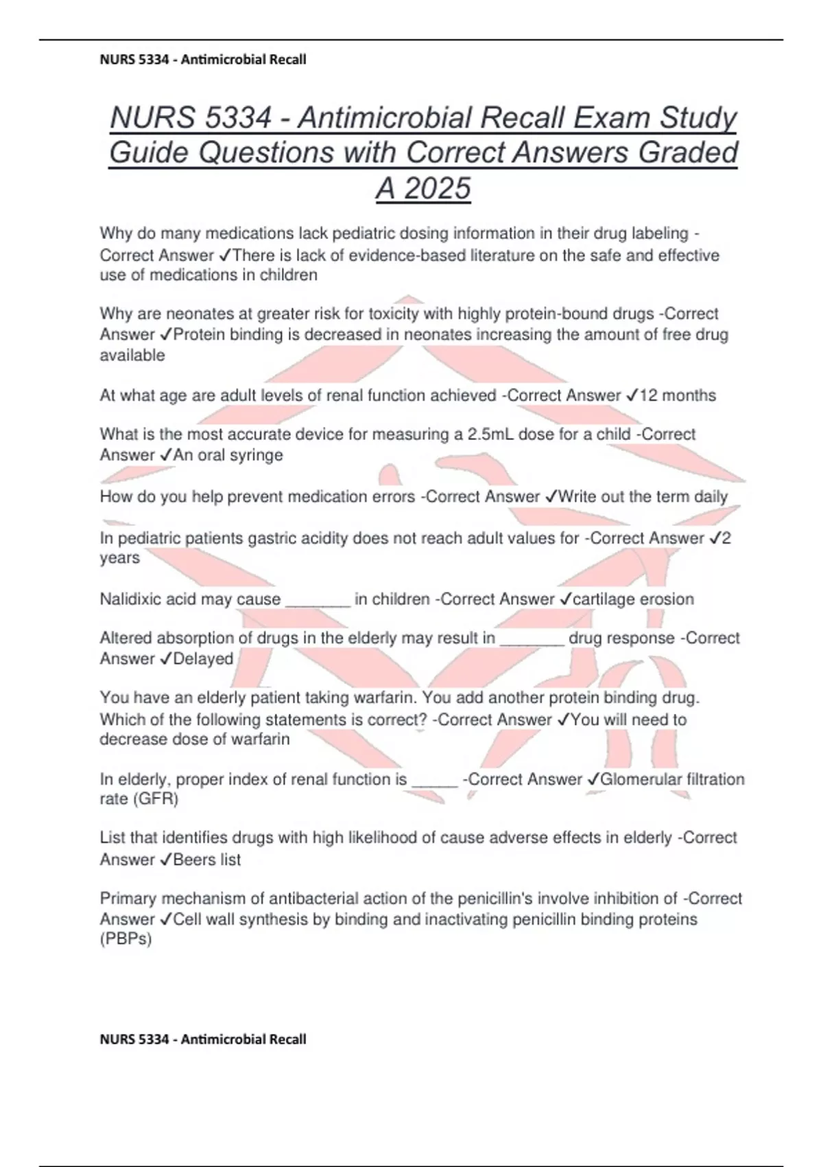 NURS 5334 - Antimicrobial Recall Exam Study Guide Questions with Correct Answers Graded A 2025 ...
