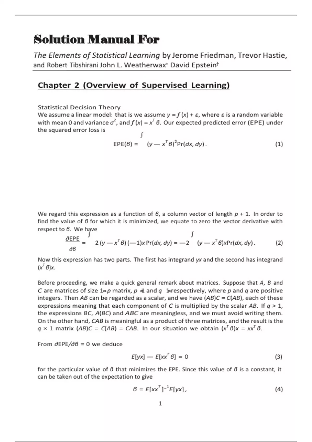 Solution Manual For The Elements of Statistical Learning by Jerome Friedman, Trevor Hastie, and ...