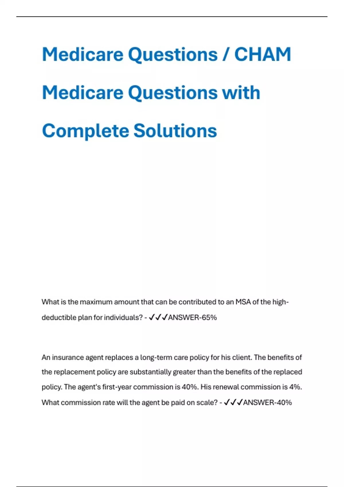 Medicare Questions / CHAM Medicare Questions with Complete Solutions ...