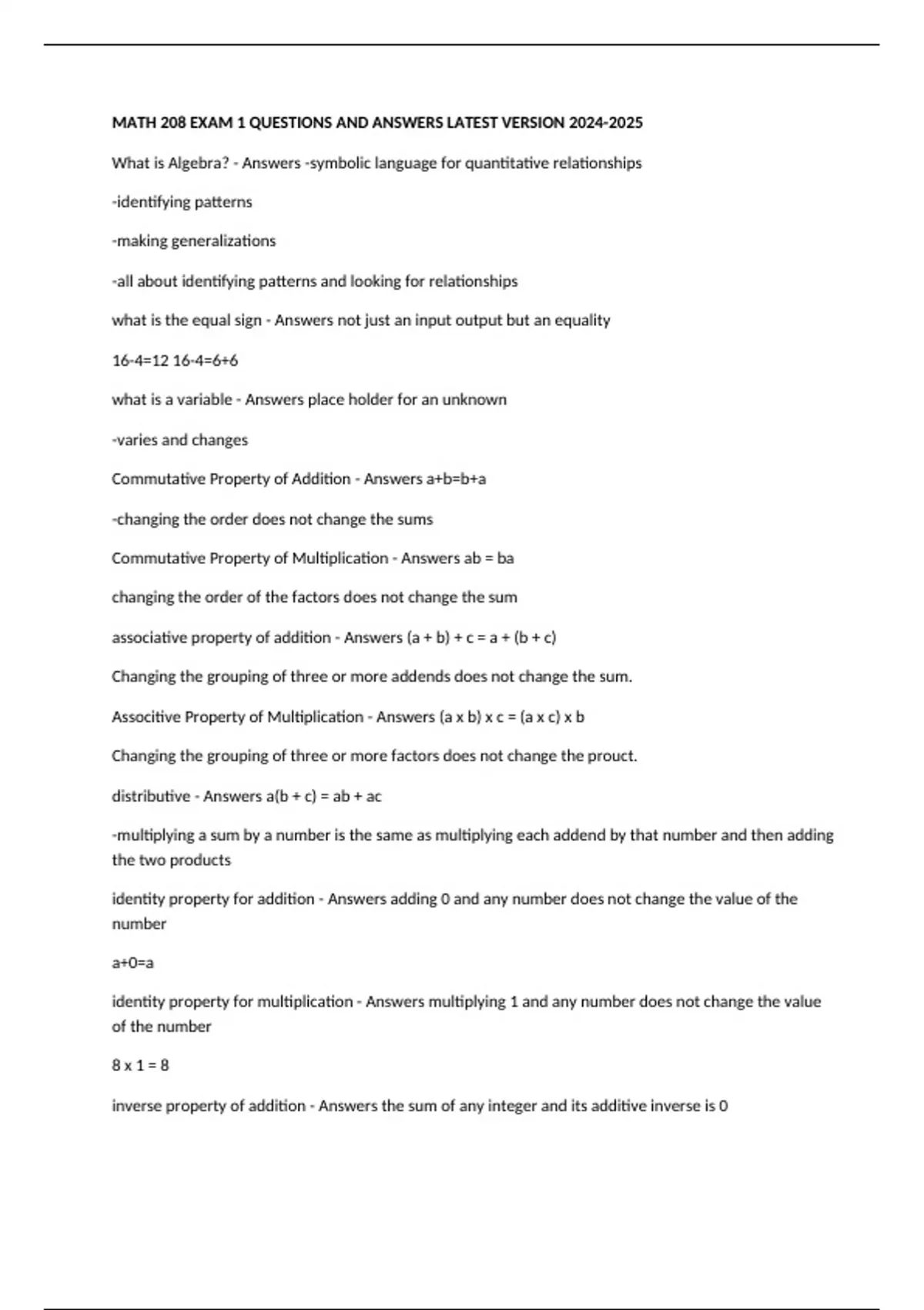 MATH 208 EXAM 1 QUESTIONS AND ANSWERS LATEST VERSION - MATH 208 EXM 1 ...