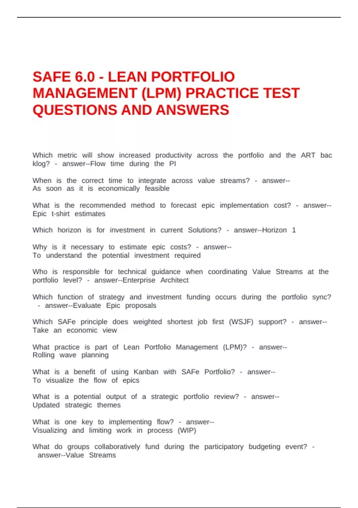 SAFE 6.0 - LEAN PORTFOLIO MANAGEMENT (LPM) PRACTICE TEST QUESTIONS AND ...