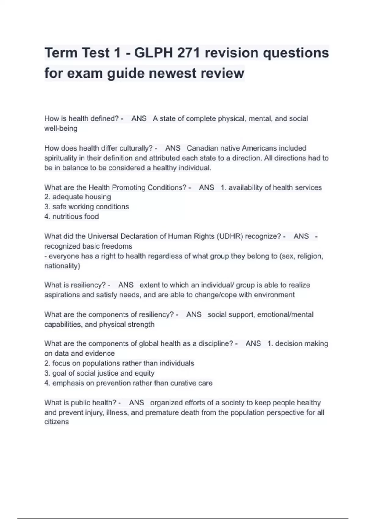 Term Test 1 - GLPH 271 revision questions for exam guide newest review ...