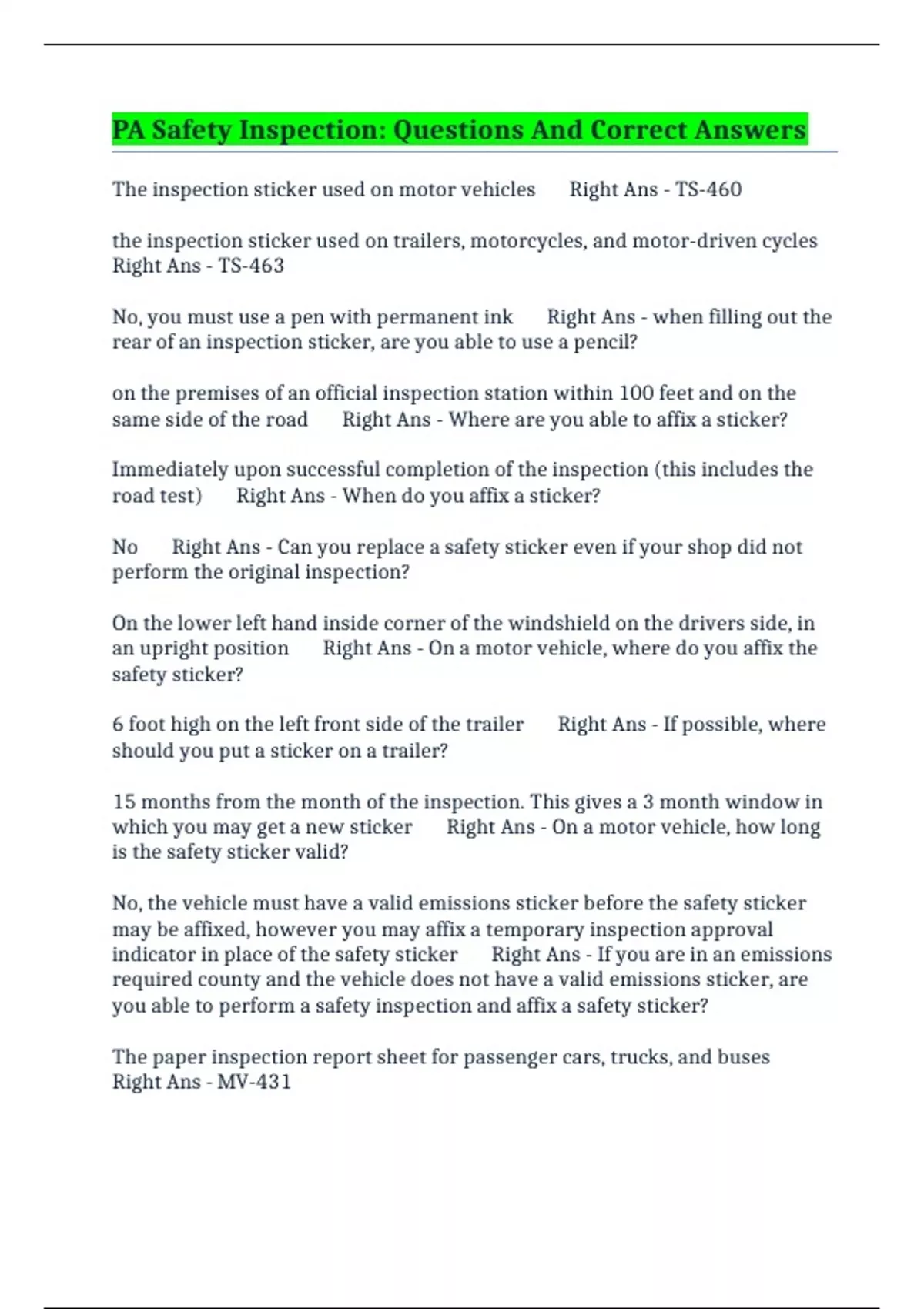 PA Safety Inspection: Questions And Correct Answers - PA Safety ...