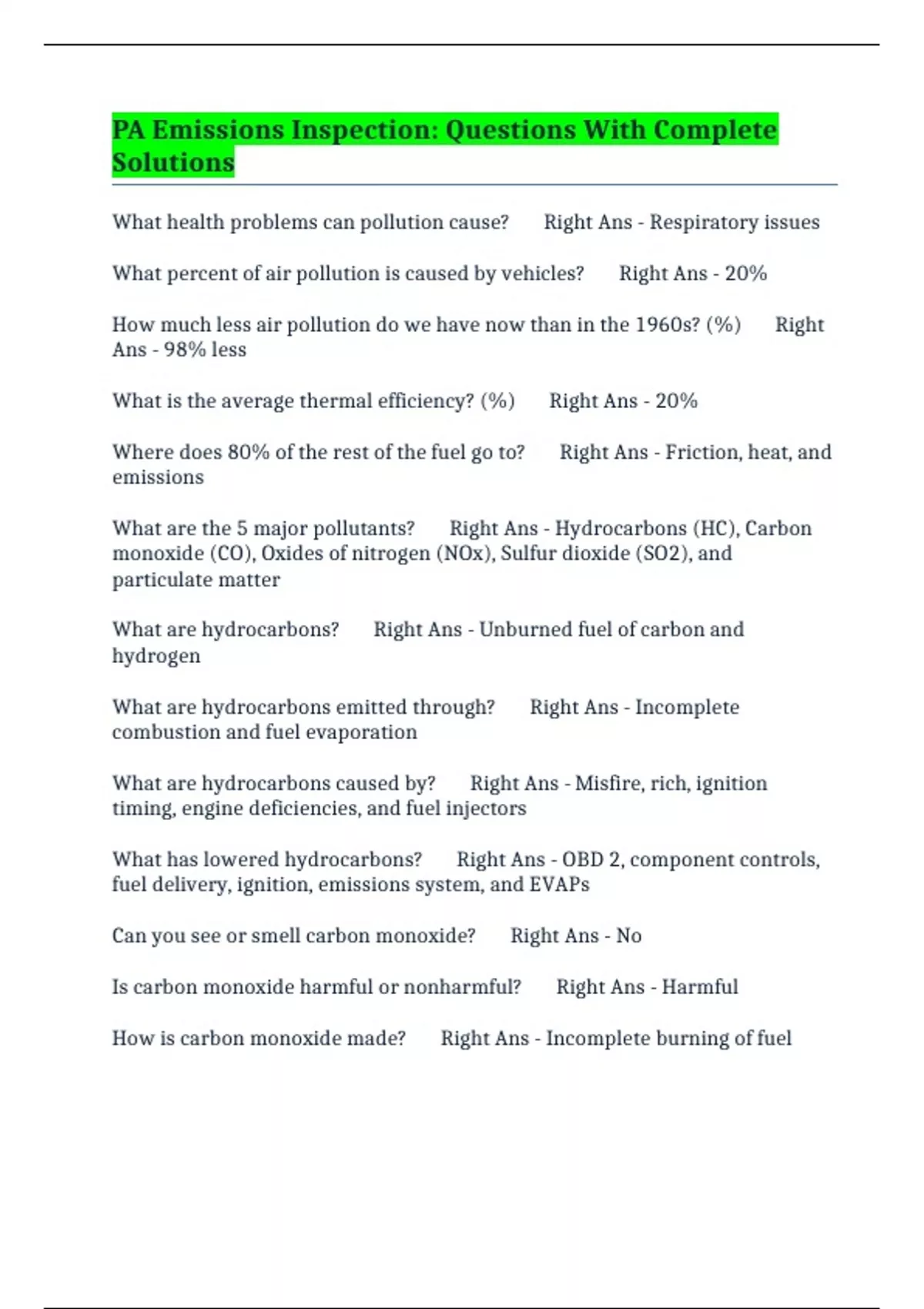 PA Emissions Inspection: Questions With Complete Solutions - PA Safety ...