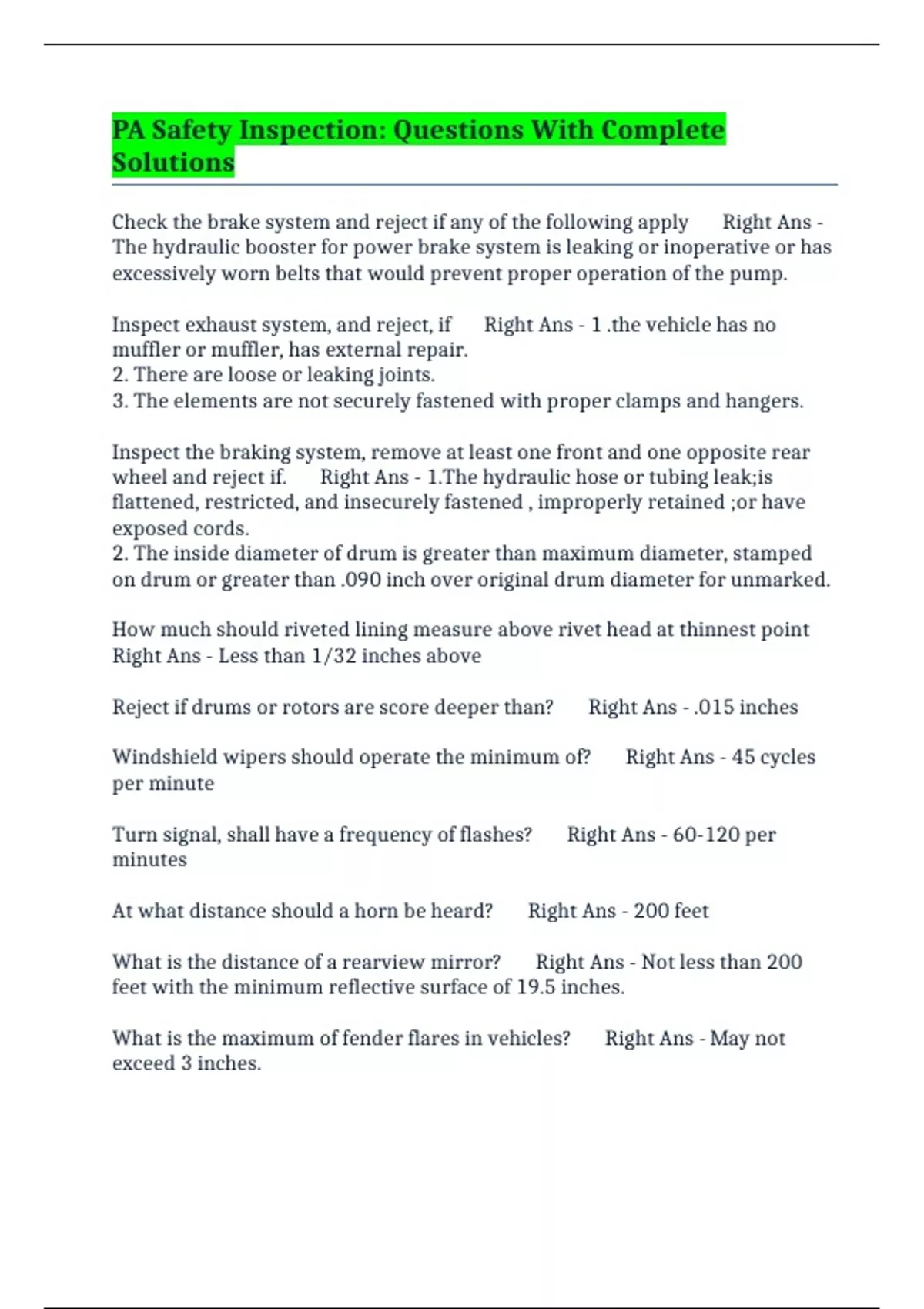 PA Safety Inspection: Questions With Complete Solutions - PA Safety ...