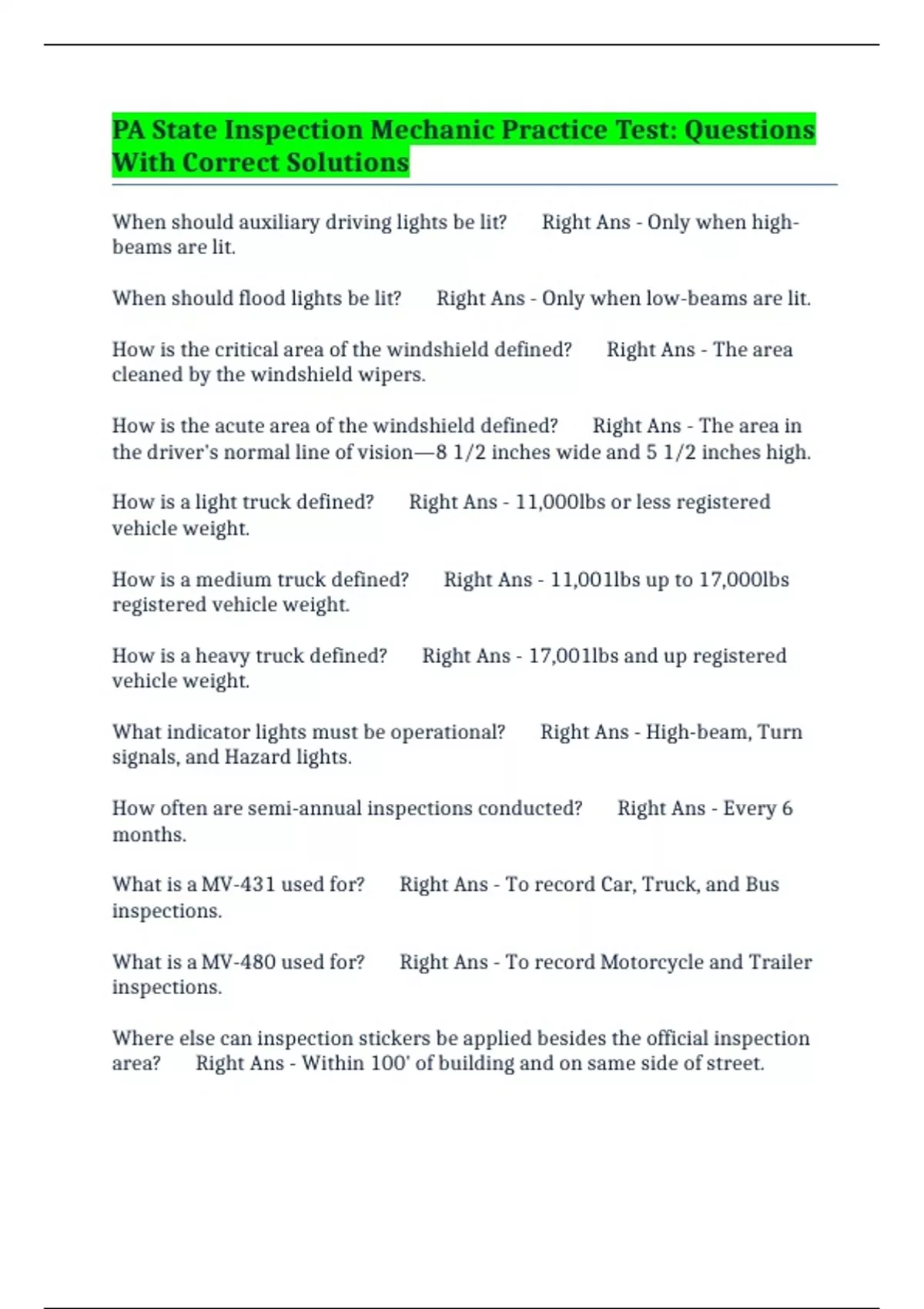 PA State Inspection Mechanic Practice Test: Questions With Correct ...