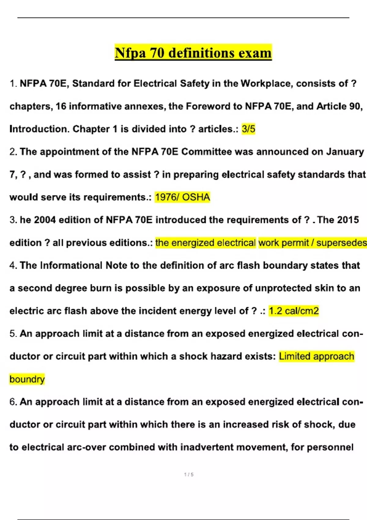 NFPA 70E Definitions Exam with correct answers - NFPA 70E Definitions ...