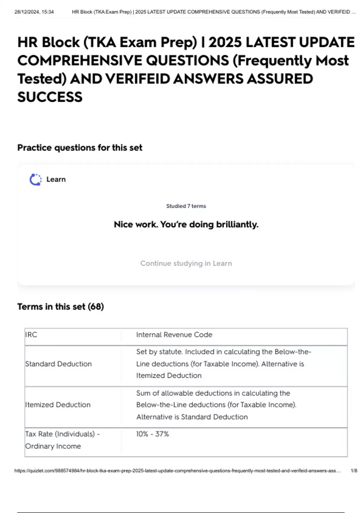 HR Block (TKA Exam Prep) | 2025 LATEST UPDATE COMPREHENSIVE QUESTIONS ...