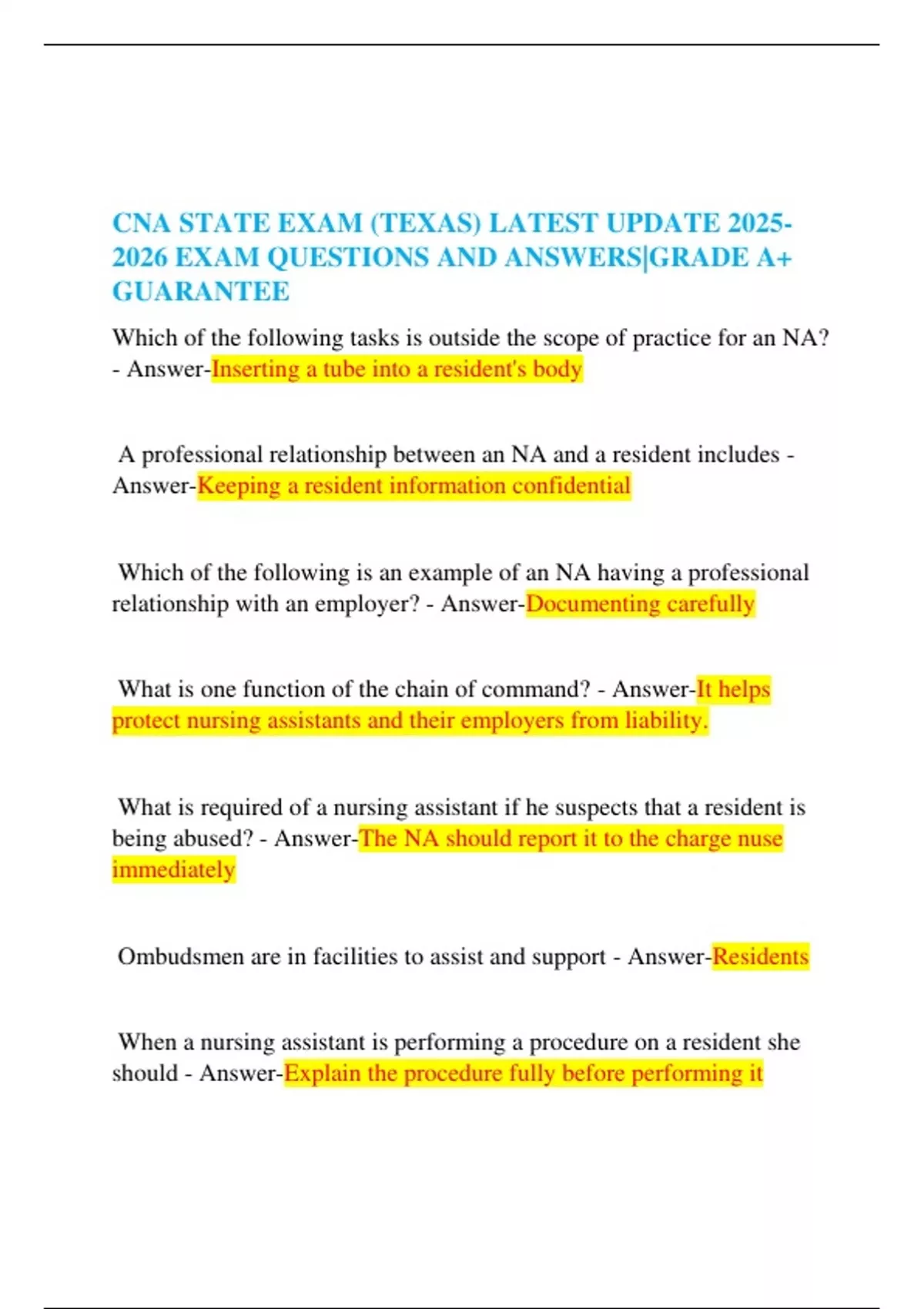 CNA STATE EXAM (TEXAS) LATEST UPDATE EXAM QUESTIONS AND ANSWERS|GRADE ...