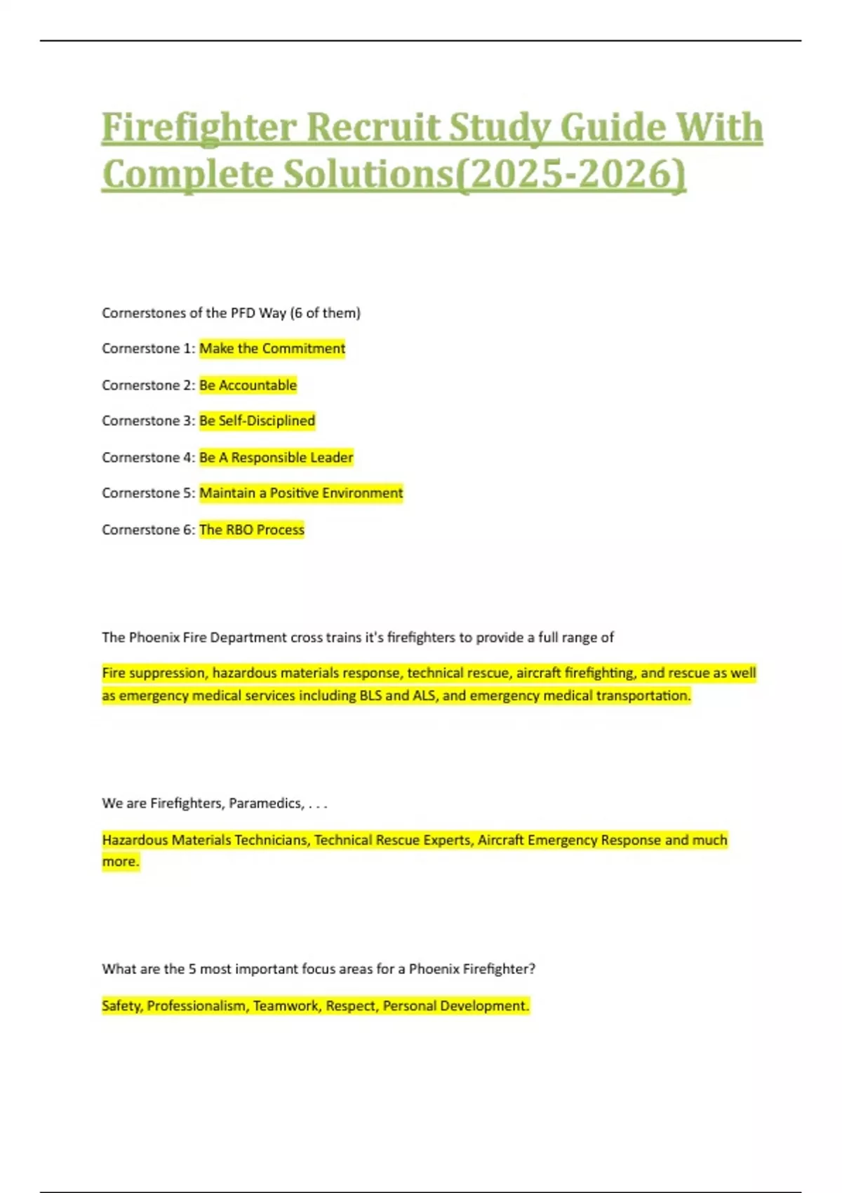 Firefighter Recruit Study Guide With Complete Solutions() - Firefighter ...