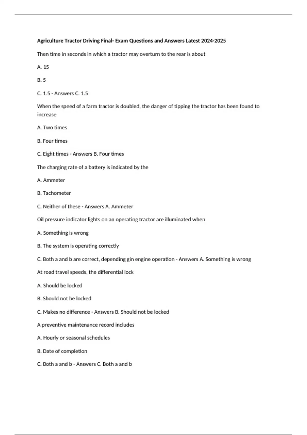 Agriculture Tractor Driving Final- Exam Questions and Answers Latest ...